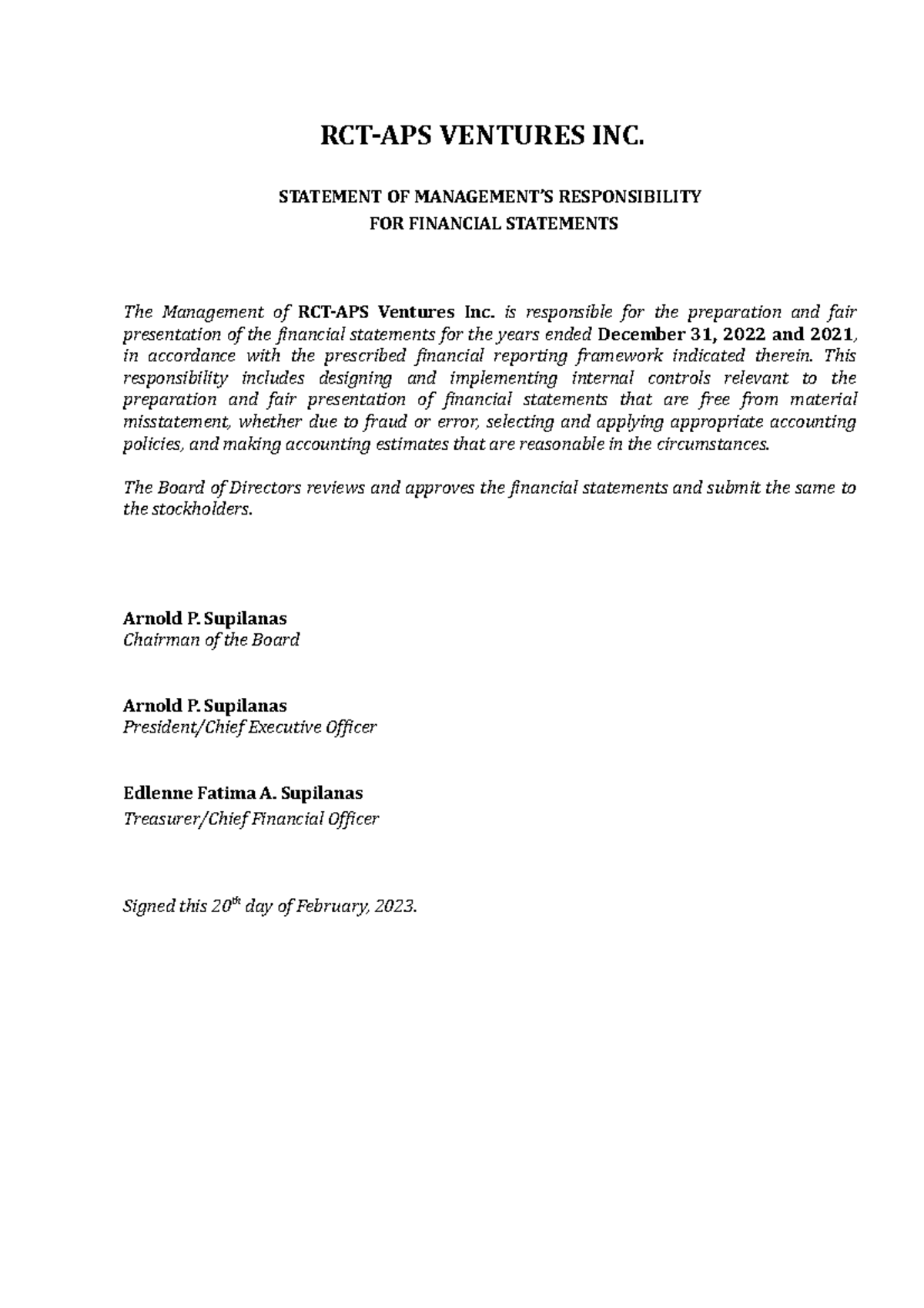 RCT-APS SMR for FS 2022 - dasdasdas - RCT-APS VENTURES INC. STATEMENT ...