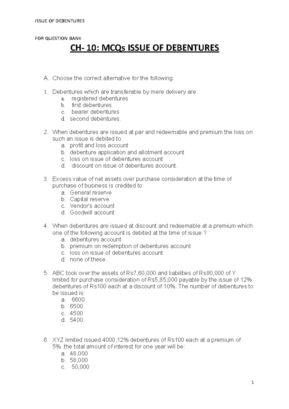 XII MCQs CH - 10 Issue OF Debentures-1 - FOR QUESTION BANK CH- 10: MCQs ...