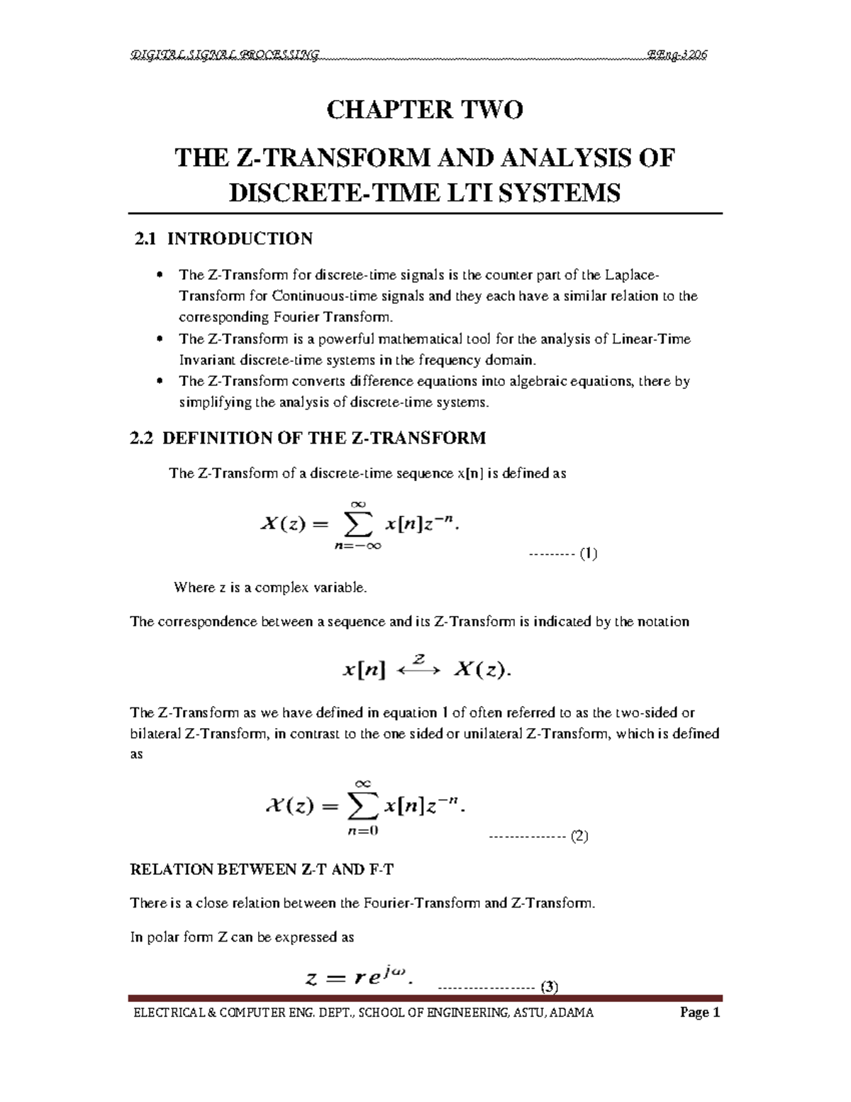 Chapter TWO - jnjknkkmmmm - CHAPTER TWO THE Z-TRANSFORM AND ANALYSIS OF DISCRETE-TIME LTI ...