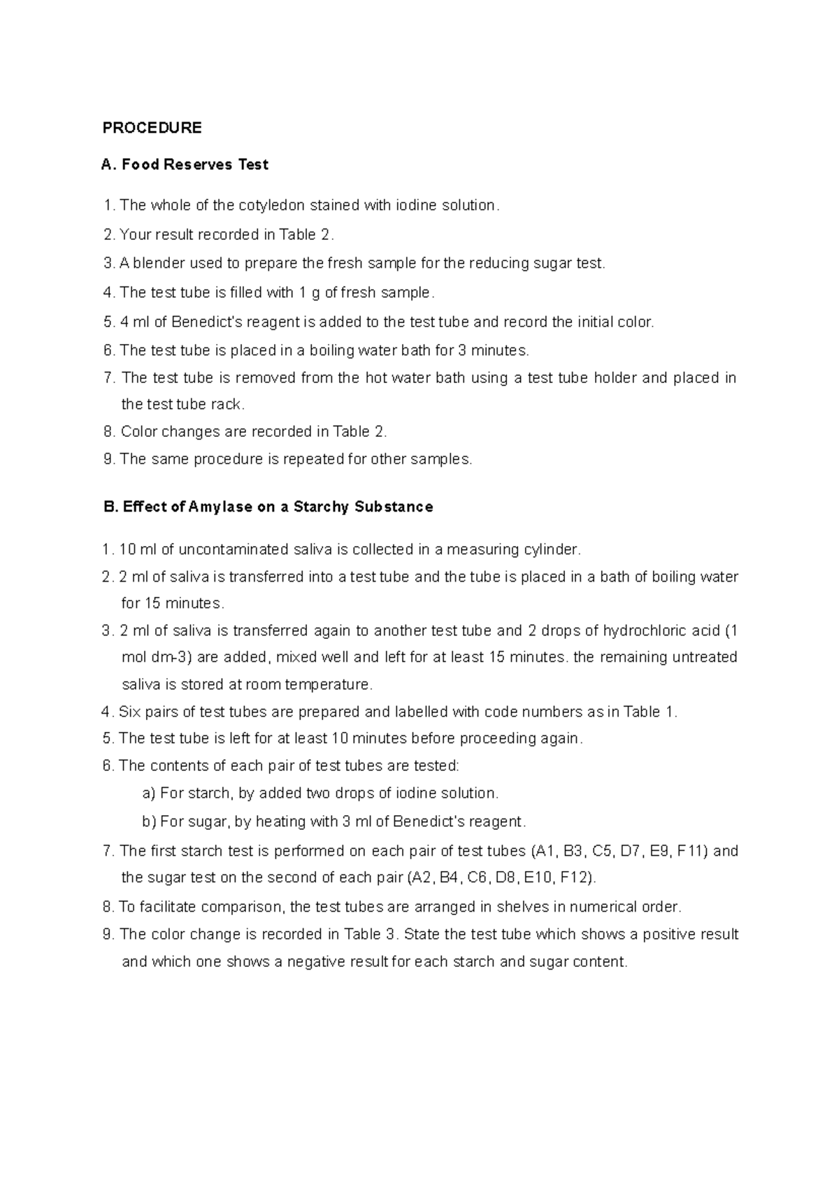 LAB BIO270 - PROCEDURE OF BIOLOGY LAB - PROCEDURE A. Food Reserves Test ...
