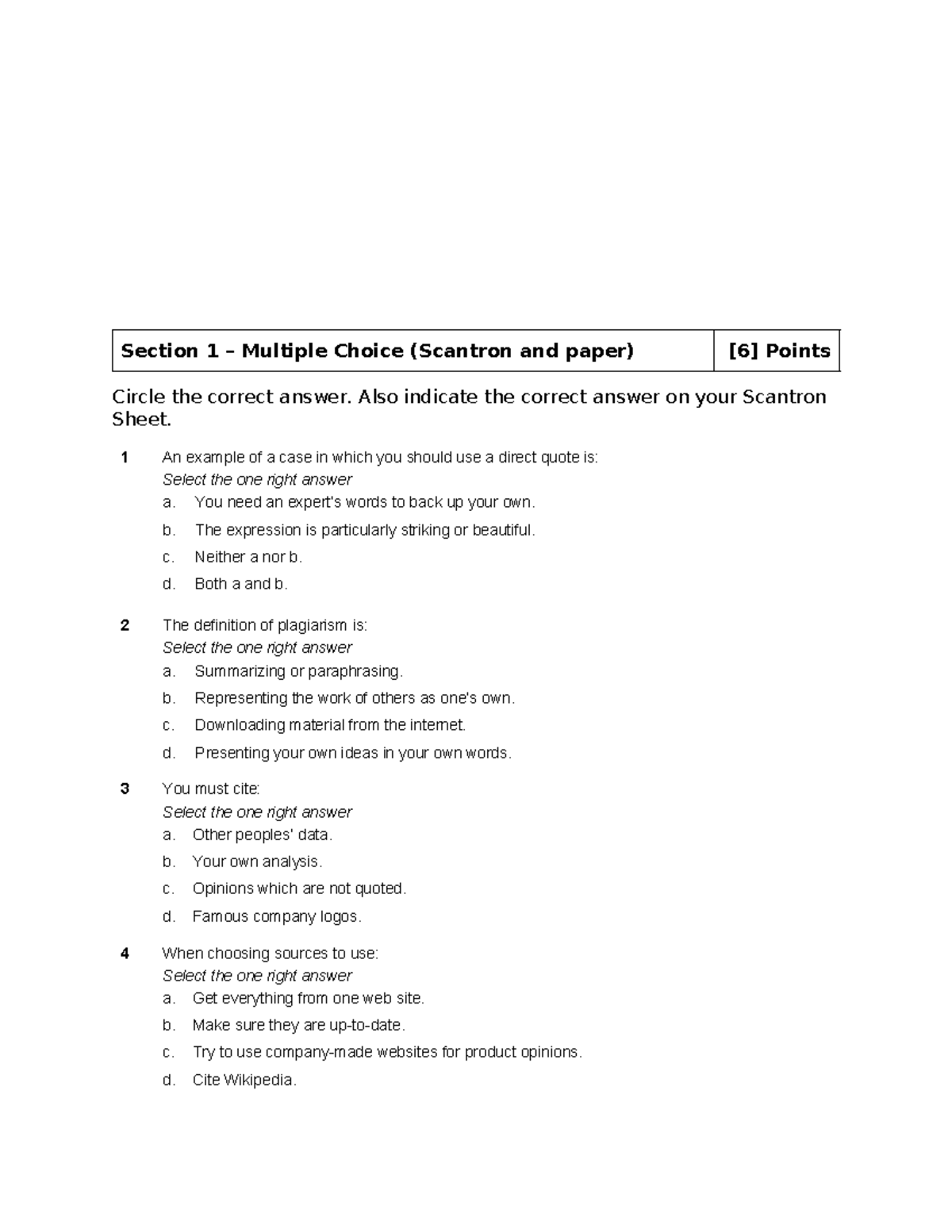 APA quiz - APAQUIZ - Section 1 – Multiple Choice (Scantron and paper ...