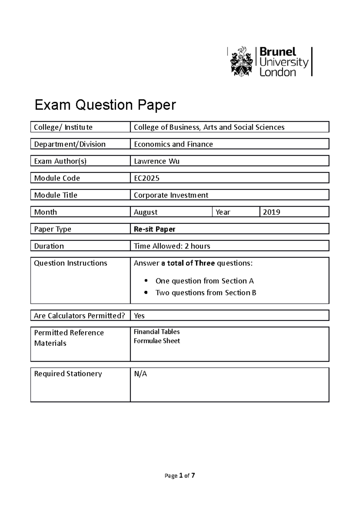 August 2019 questions (2) - Copy - Exam Question Paper College ...