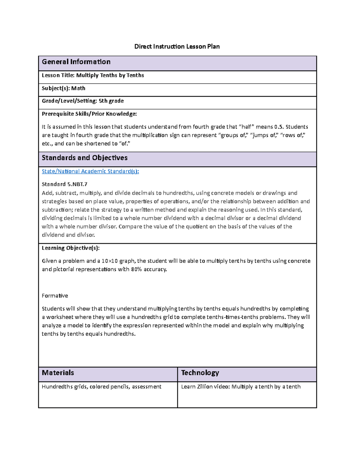 Lesson Plan - Multiplying Tenths - Direct Instruction Lesson Plan General Information Lesson ...