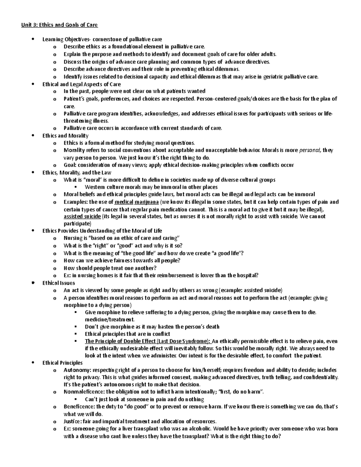 Unit 3 Notes - updated in 2022 - Unit 3: Ethics and Goals of Care ...