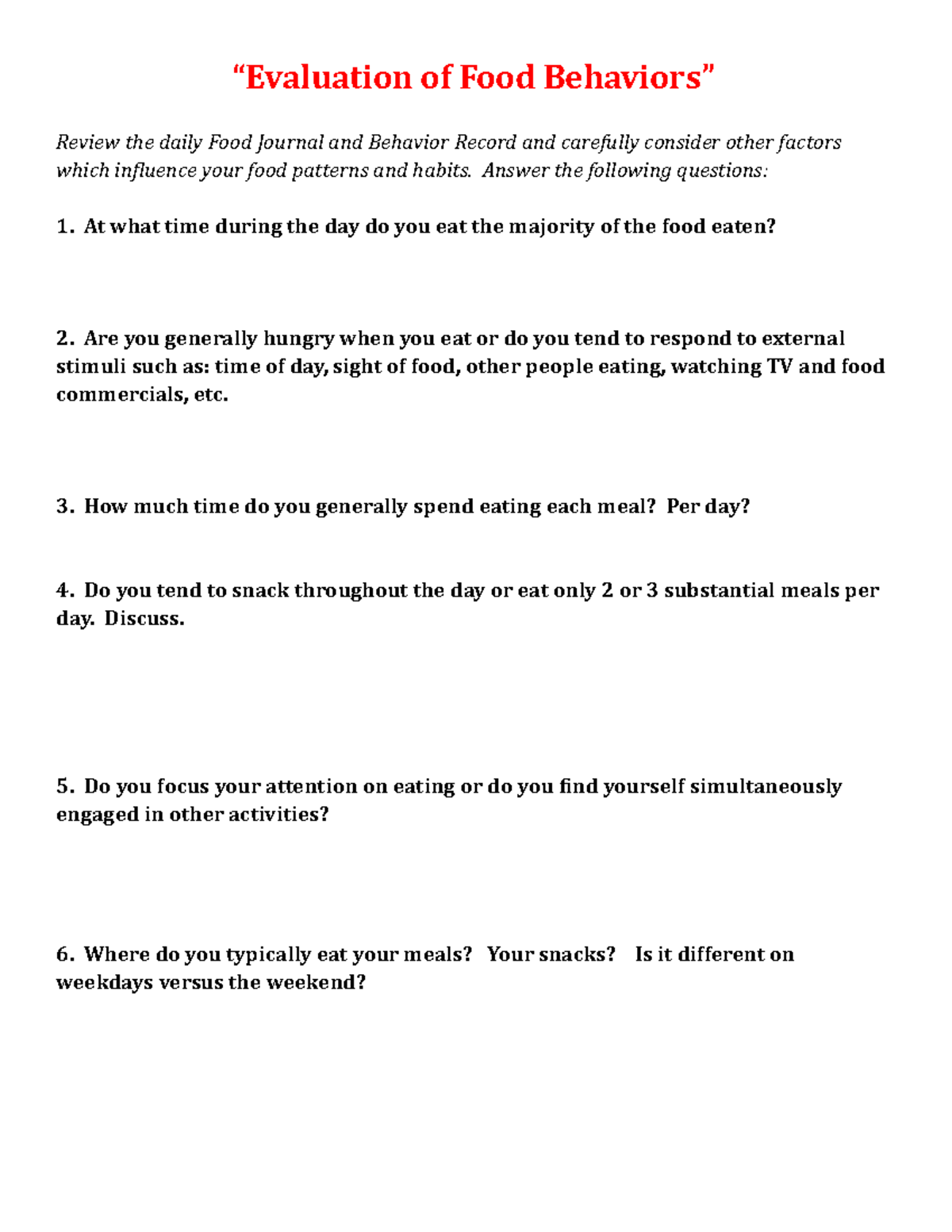 Evaluation of Food Behaviors Form - “Evaluation of Food Behaviors ...