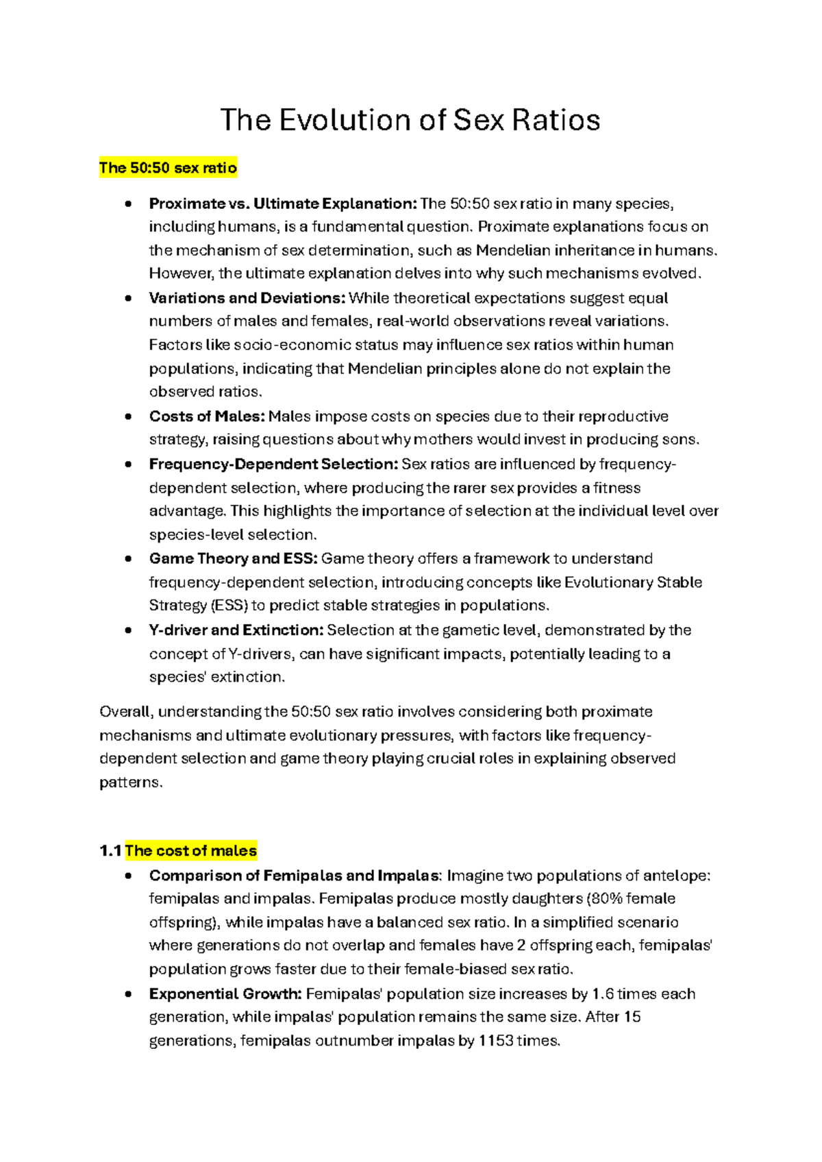 summary for sex ratio - The Evolution of Sex Ratios The 50:50 sex ratio ...