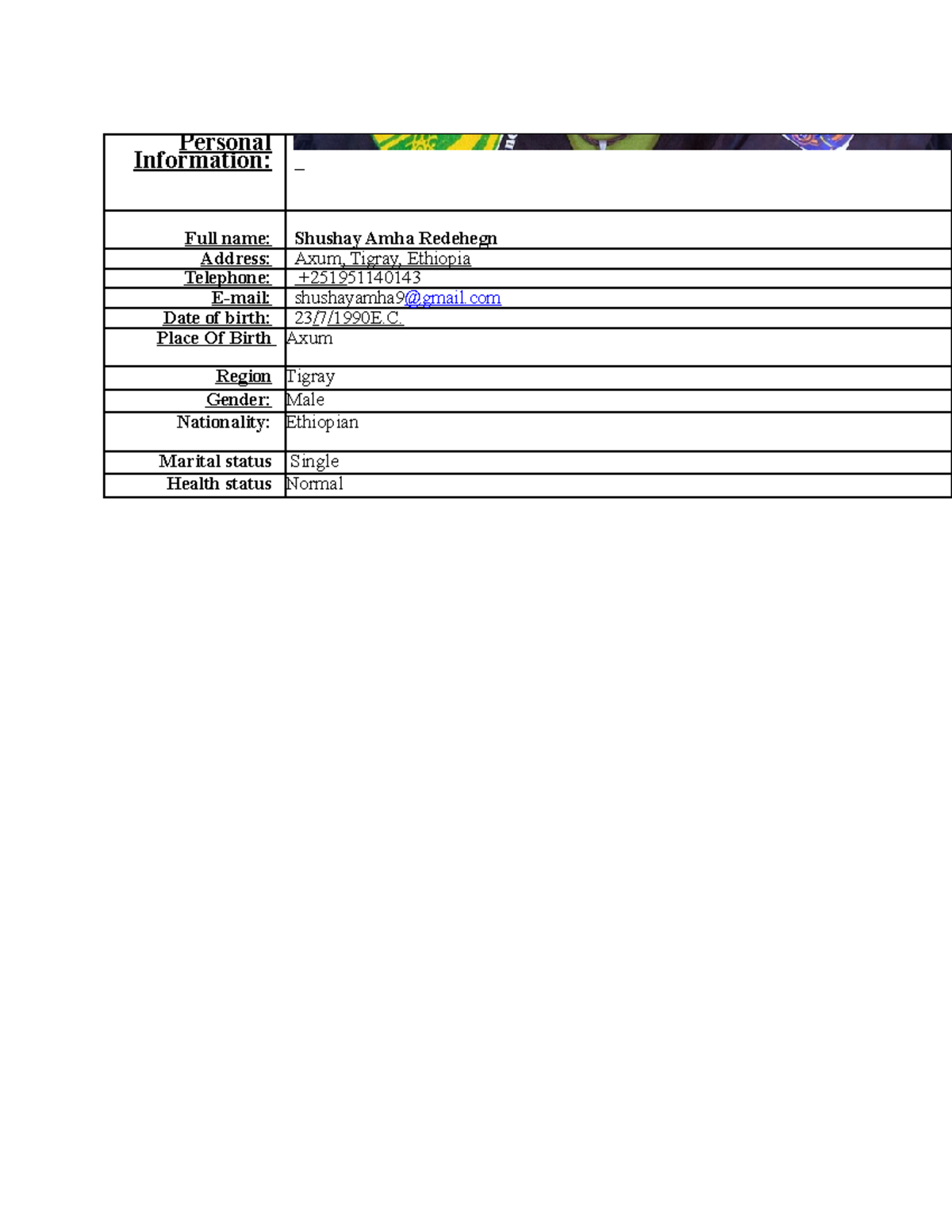 Cv document for tutorial - Personal Information: Full name: Shushay Amha Redehegn Address: Axum ...