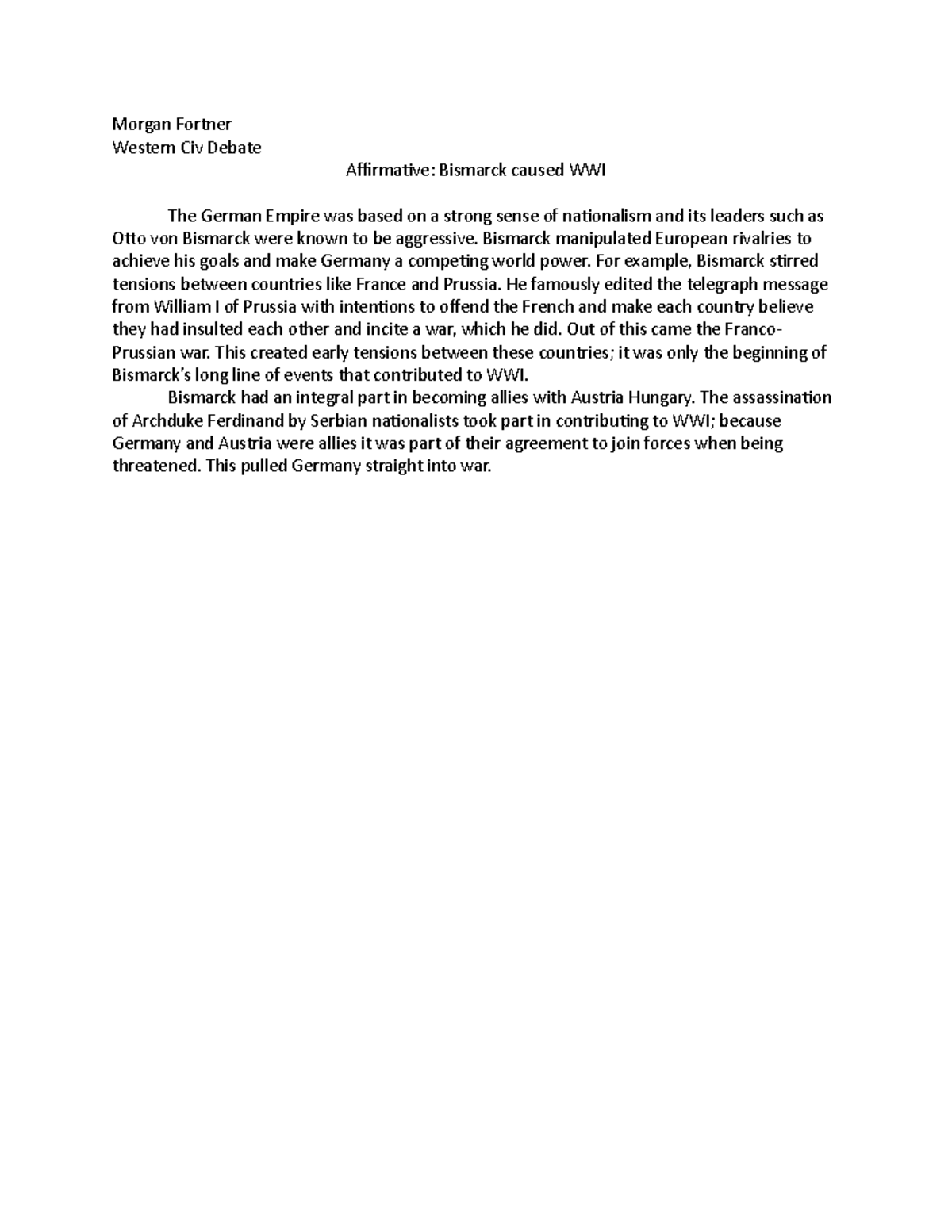 Affirmative Bismarck Debate - Morgan Fortner Western Civ Debate ...