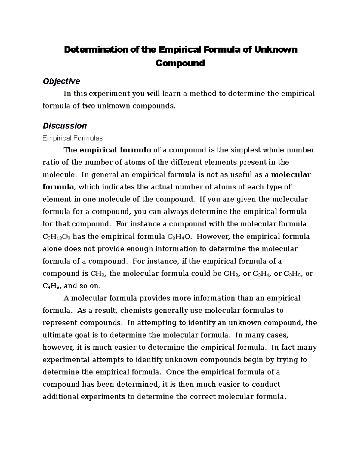Determination of the Empirical Formula of Unknown Compound ...