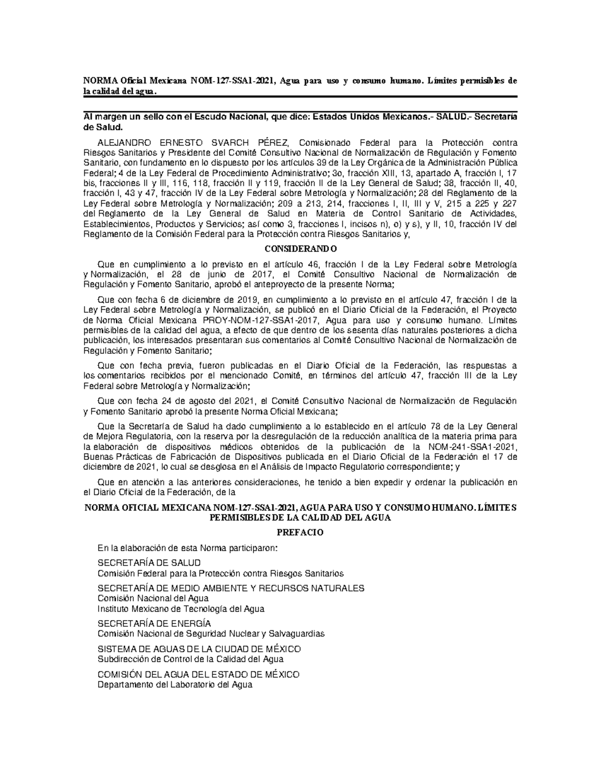 Norma Oficial Mexicana NOM-127-SSA1-2021 - NORMA Oficial Mexicana NOM- 127 - SSA1-2021, Agua ...