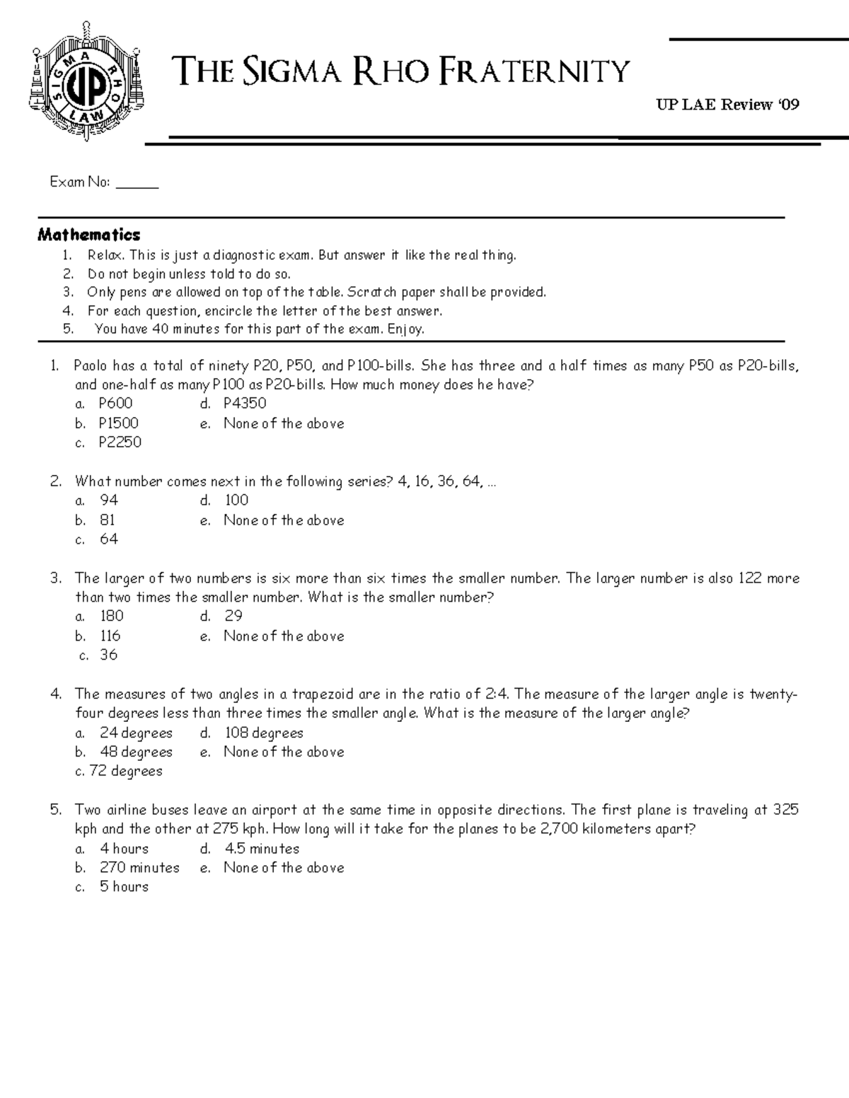 188453995 UP LAE Review 09 Final Diagnostic Exam Sans Abstract - - Studocu