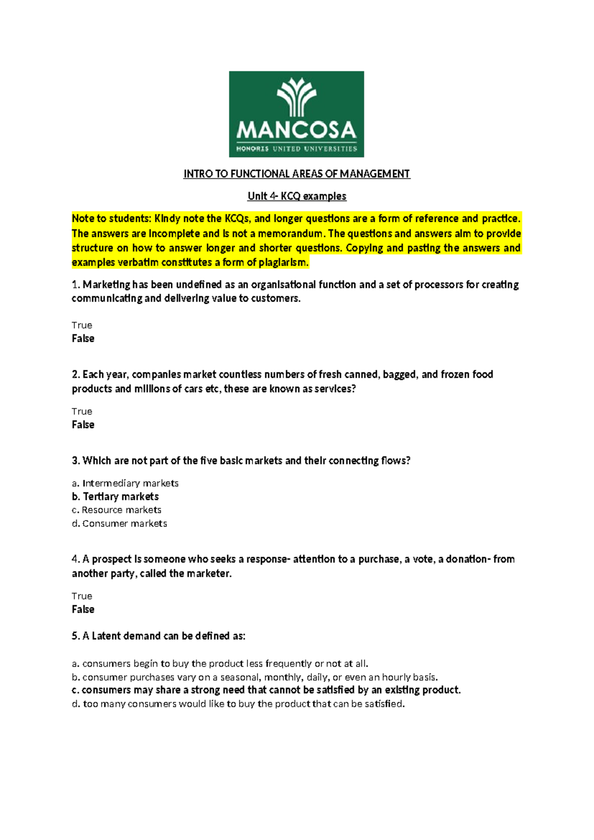 KCQ-Marketing- correction - INTRO TO FUNCTIONAL AREAS OF MANAGEMENT ...