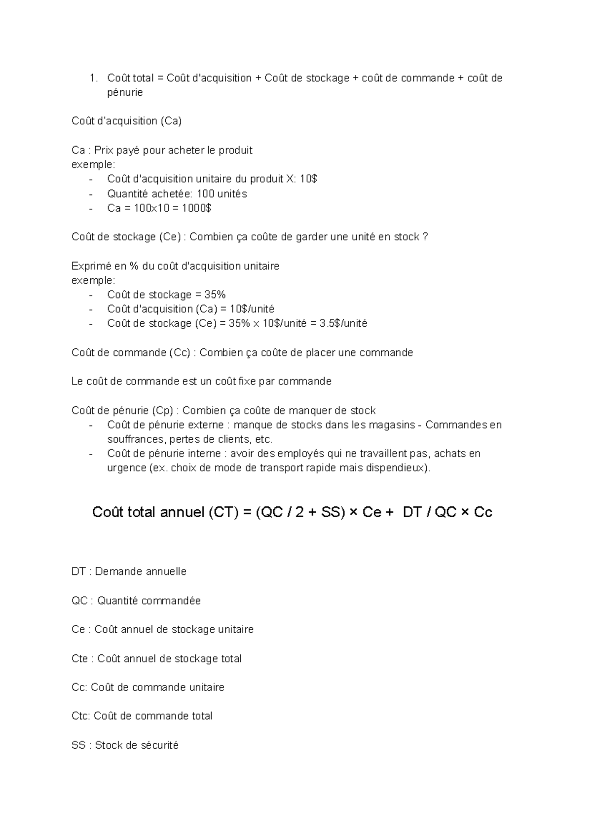 Formule Calcul Gestion distribution - 1. Coût total = Coût d'acquisition + Coût de stockage ...