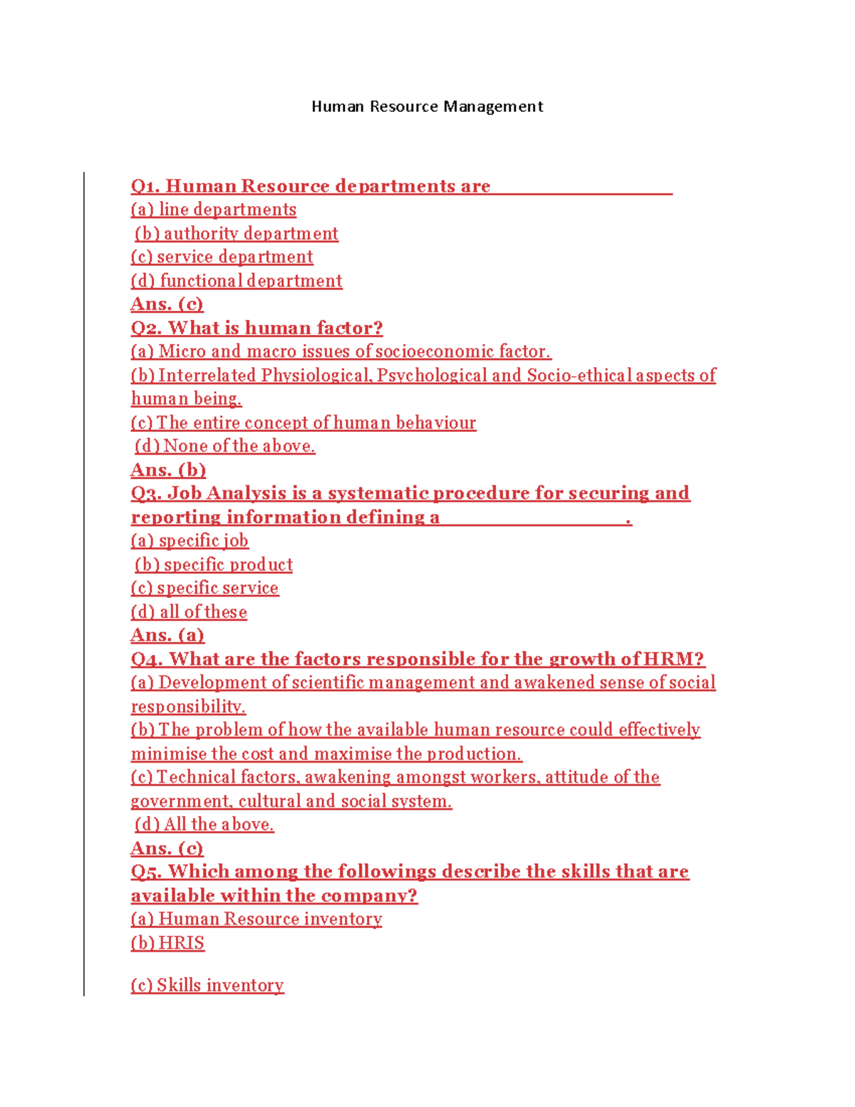 MCQs hrm 0mbc 201 - Human Resource Management Q1. Human Resource ...