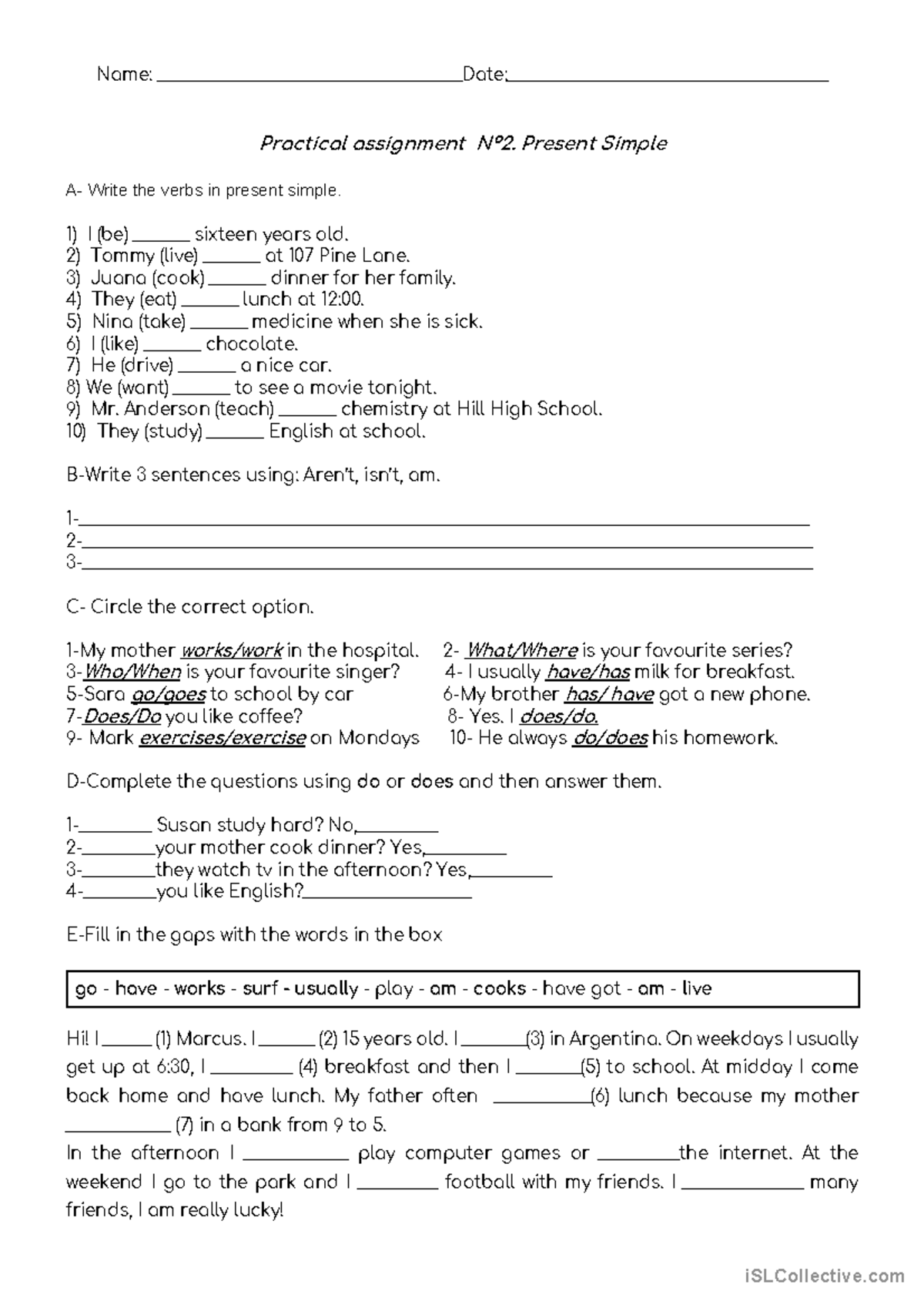 Present Simple - Name: Date:__ Practical assignment Nº2. Present Simple ...