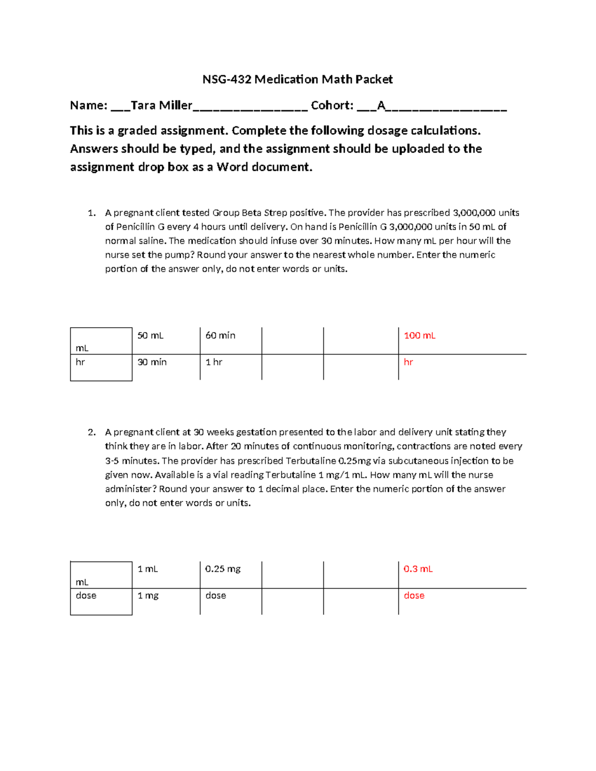 432 Medication Math- NSG-432 Medication Math Packet Name: Tara Miller ...