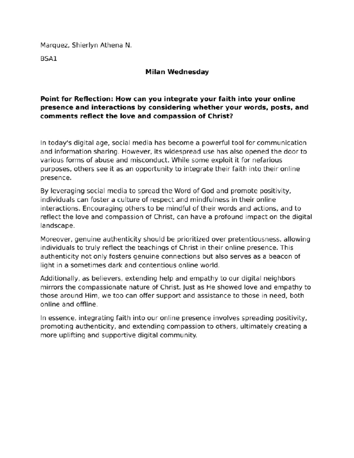 Marquez ASH WED Reflection - BS in Management Accounting - Studocu