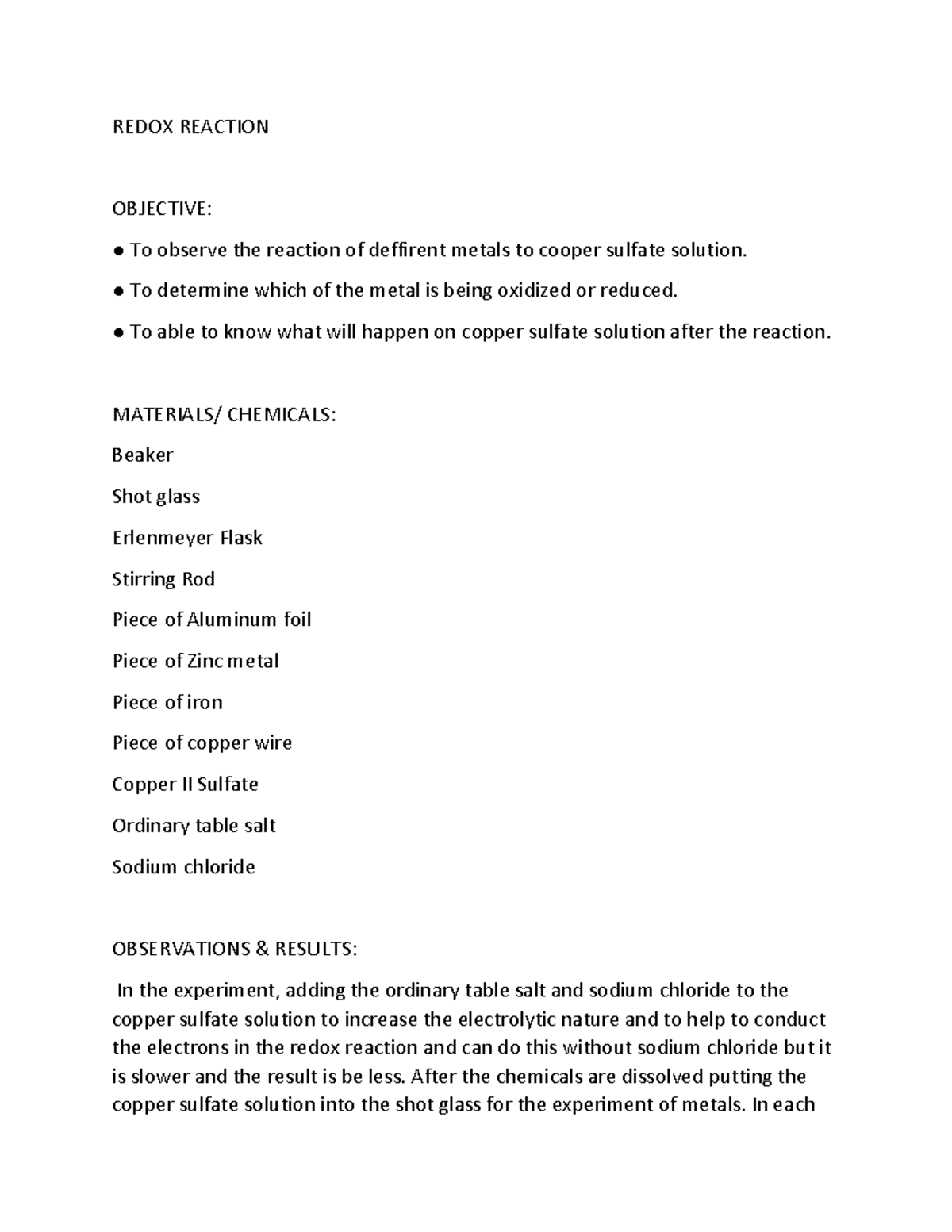 Redox Reaction experiment - REDOX REACTION OBJECTIVE: To observe the ...