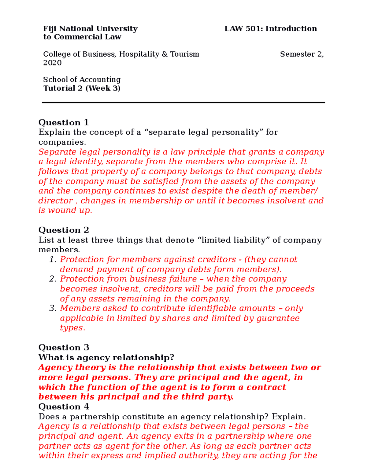 Tutorial 2 Solution - Fiji National University LAW 501: Introduction to ...