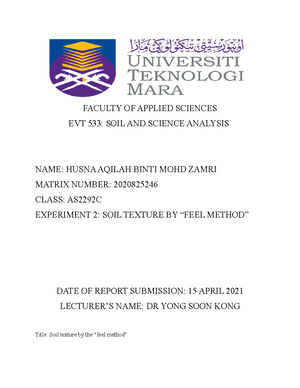 LAB Report EXP 2 SOIL Texture BY FEEL Method WITH REF docx - FACULTY OF APPLIED SCIENCES EVT 533 ...