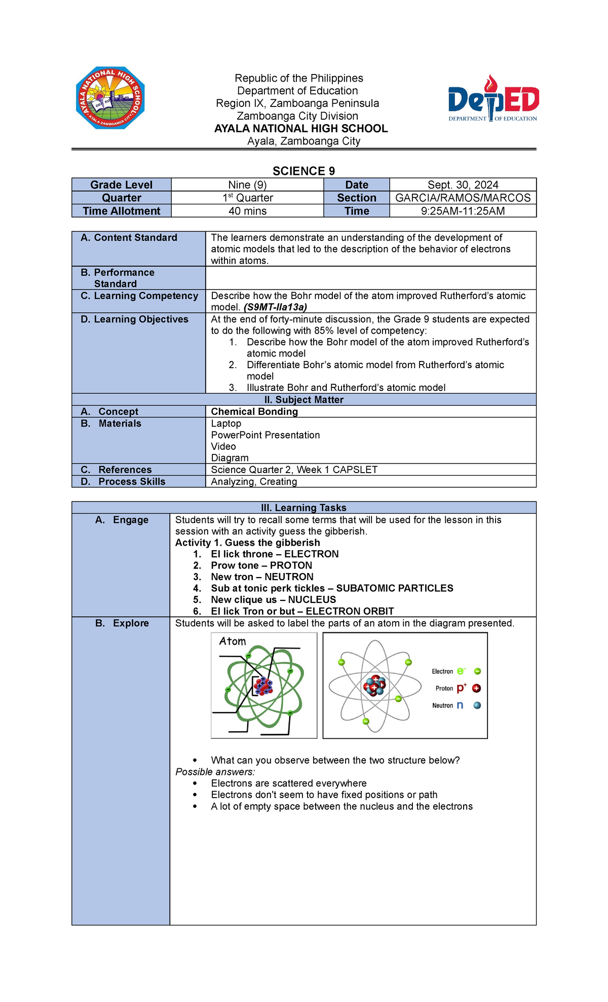 LP-W1 - Lesson Plane Grade9 - Republic of the Philippines Department of ...