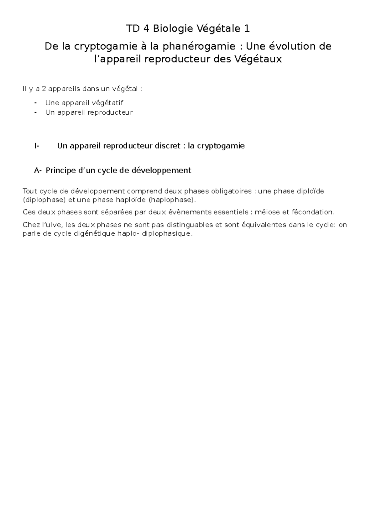 TD 4 Cryptogamie et Phanérogamie - TD 4 Biologie Végétale 1 De la ...