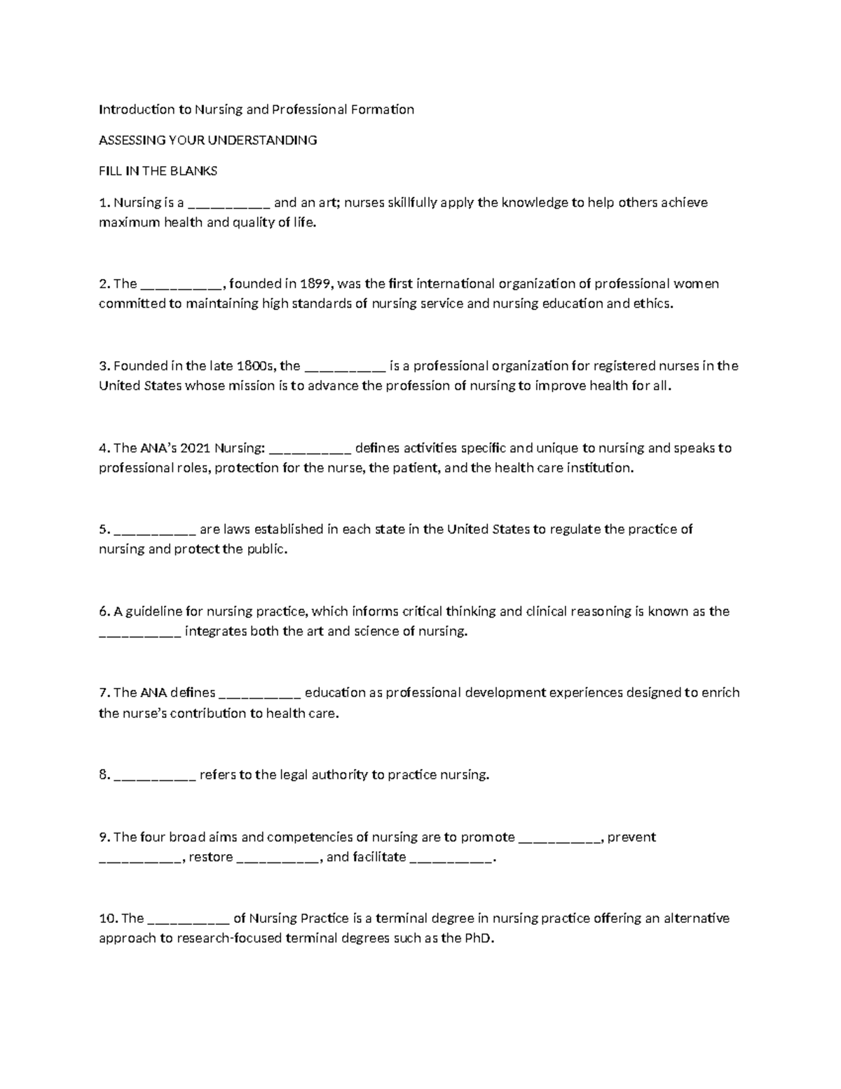 Introduction to Nursing and Professional Formation - The ...