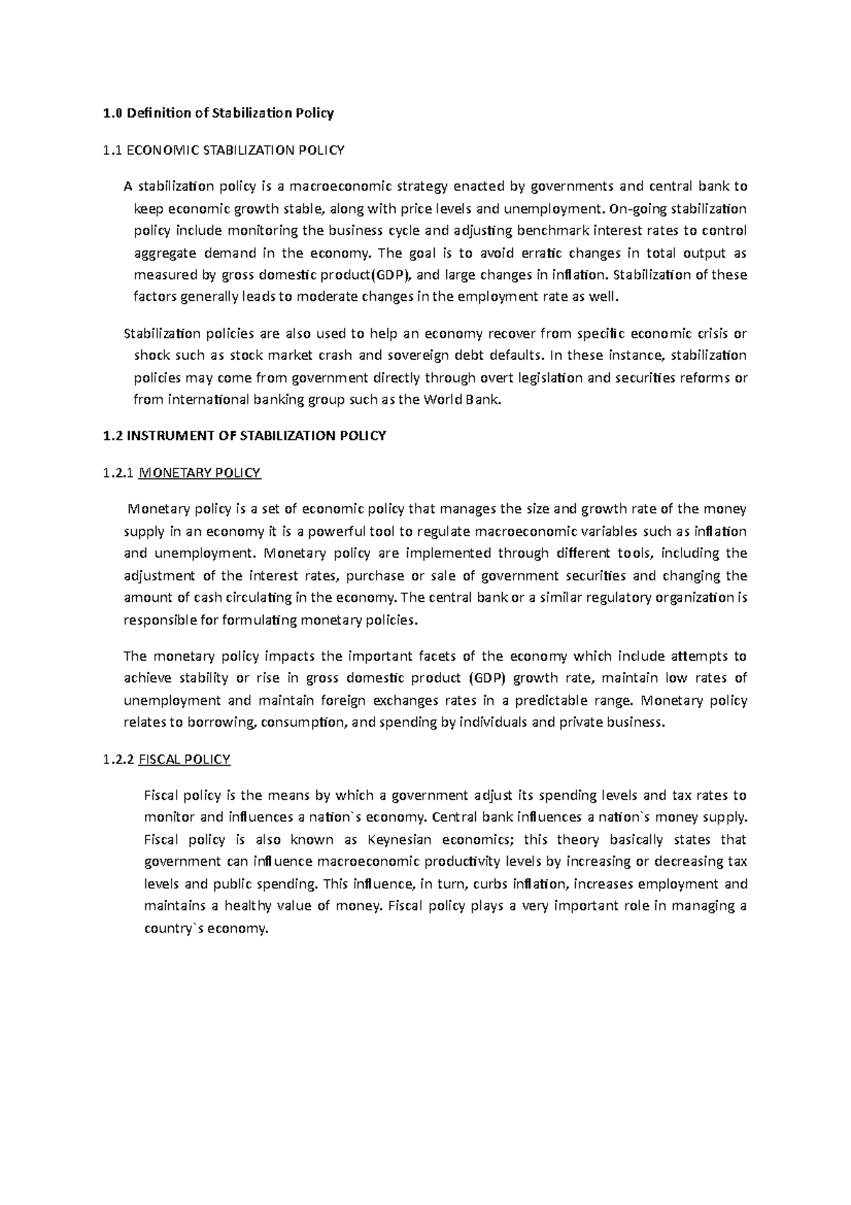 Eco assignment stabilization policy - 1 Deiniion of Stabilizaion Policy ...