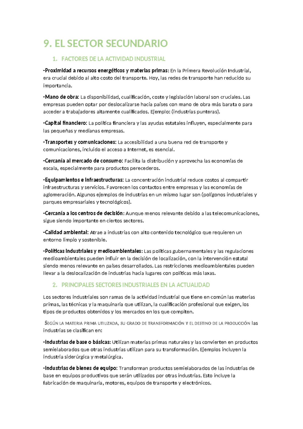 Sector secundrio - economia - 9. EL SECTOR SECUNDARIO 1. FACTORES DE LA ...