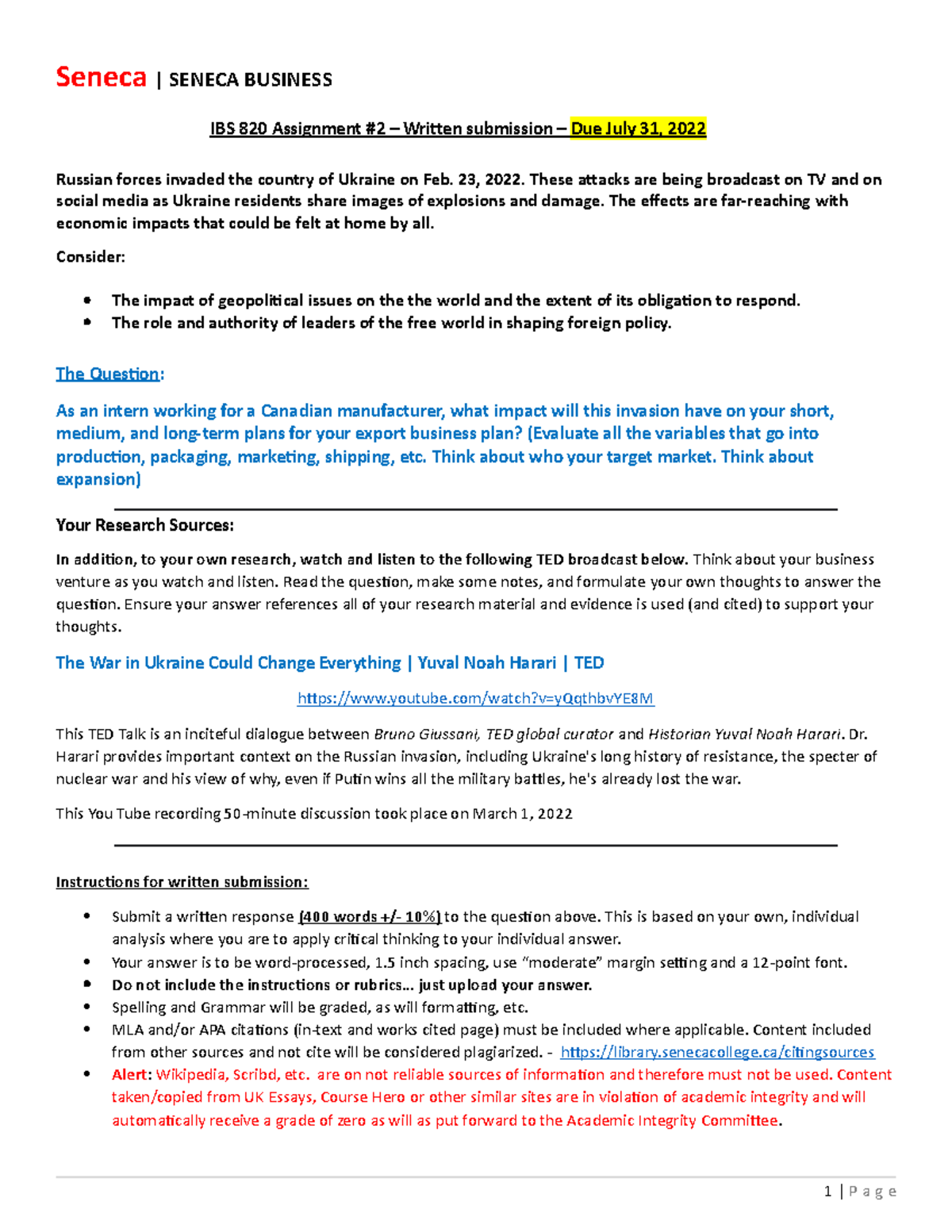 IBS 820 - Assignment #2 - W'22 - Seneca | SENECA BUSINESS IBS 820 ...