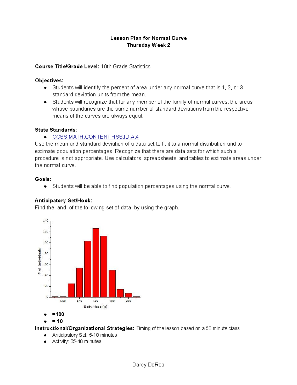 Normalcurvelessonplanweek 2thursday - Lesson Plan for Normal Curve ...