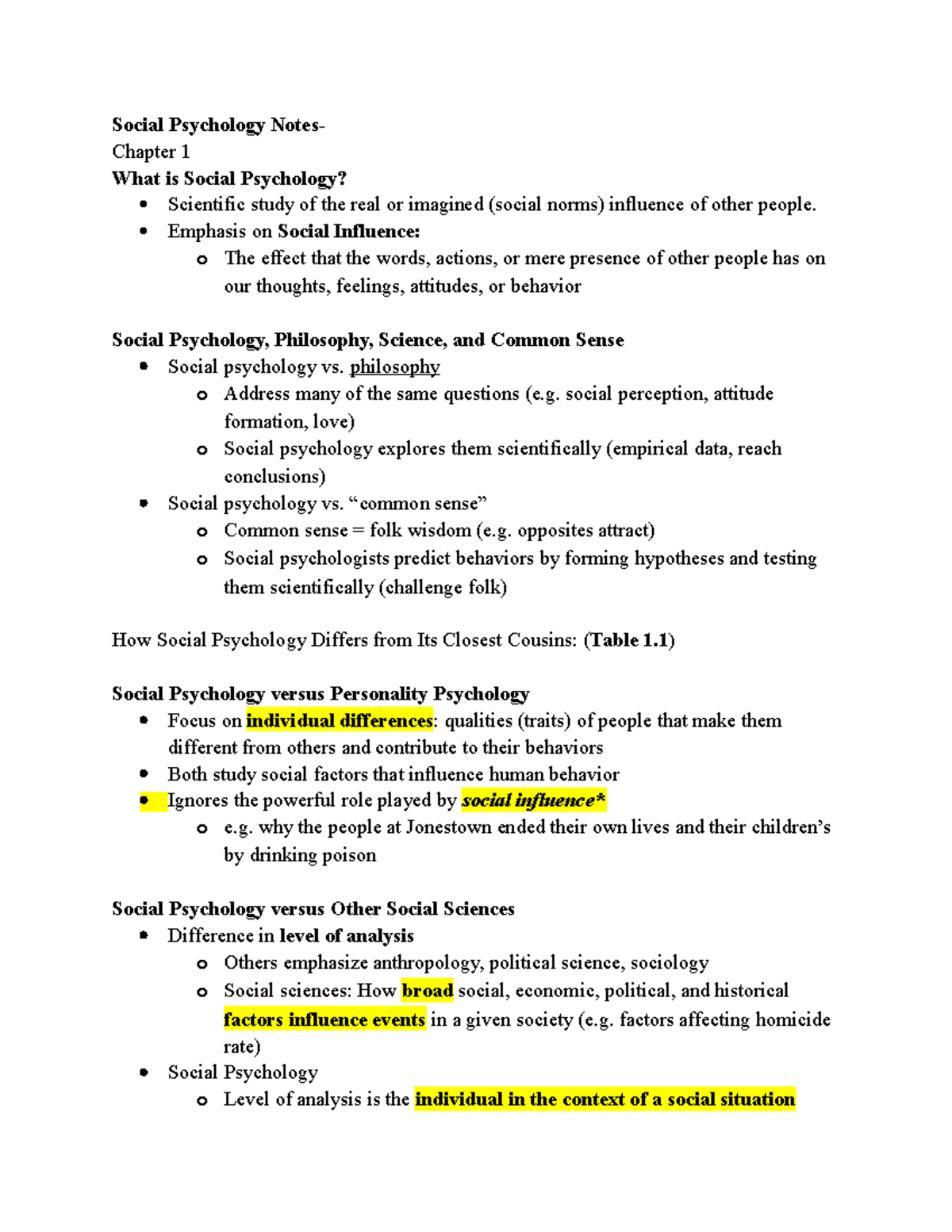 Social Psychology Notes 1 Social Psychology Notes Chapter 1 What Is
