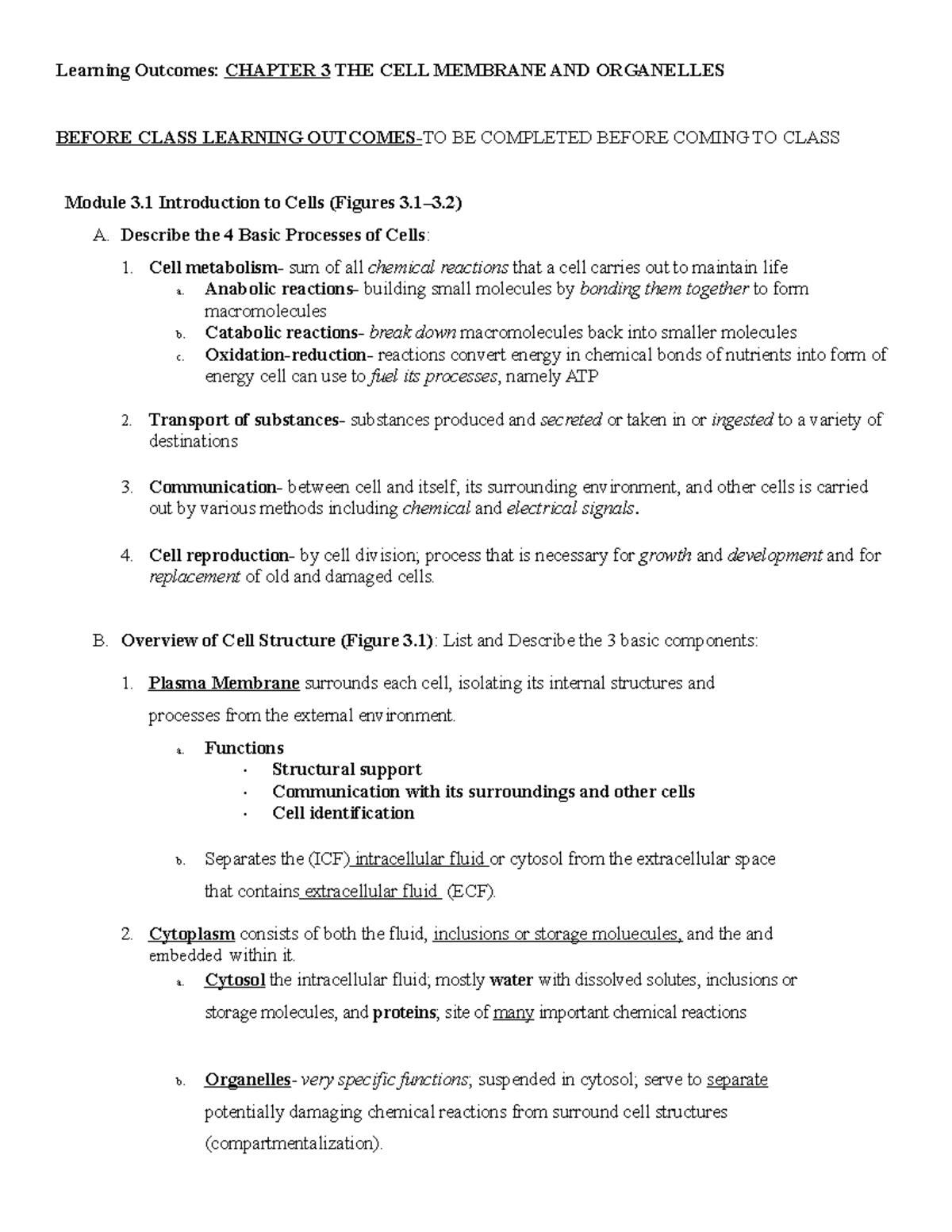 Chapter 3 Cell Membrane and Organelles - Learning Outcomes: CHAPTER 3 ...