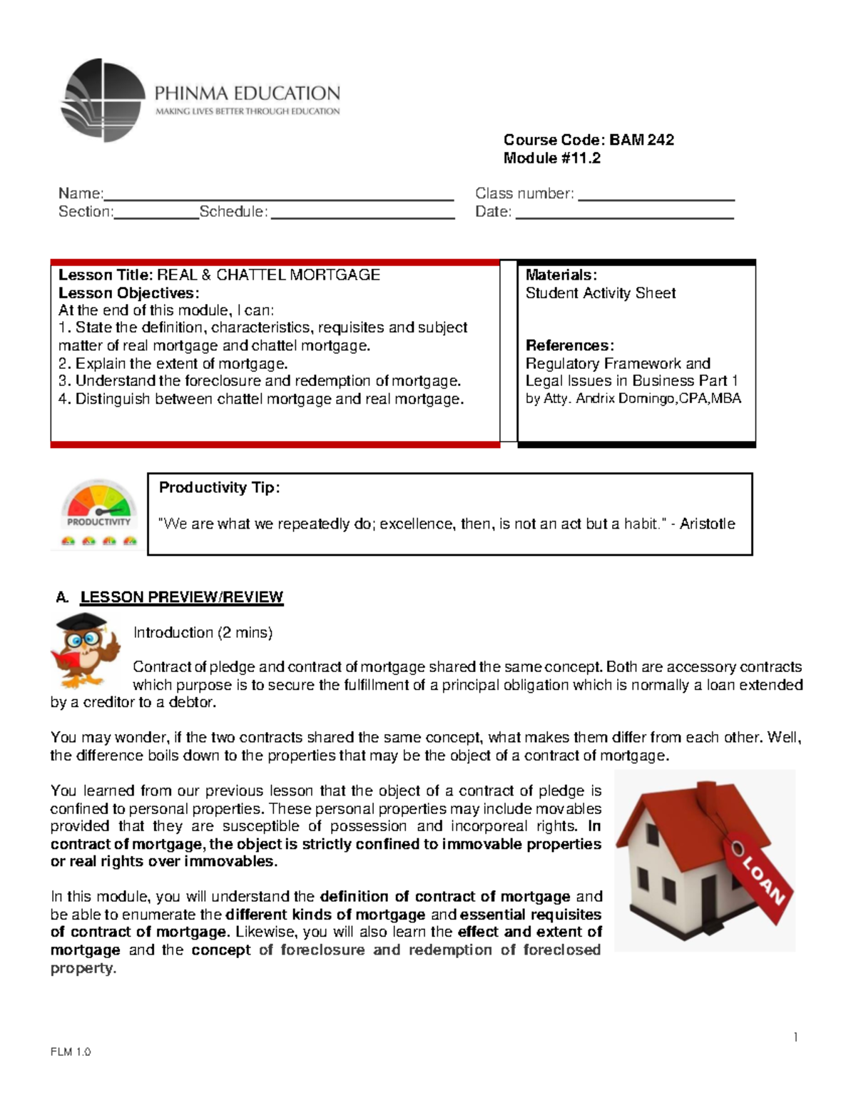 BAM 242 MODULE 11.2 - Module #11. Name: Section: Schedule: Class number ...