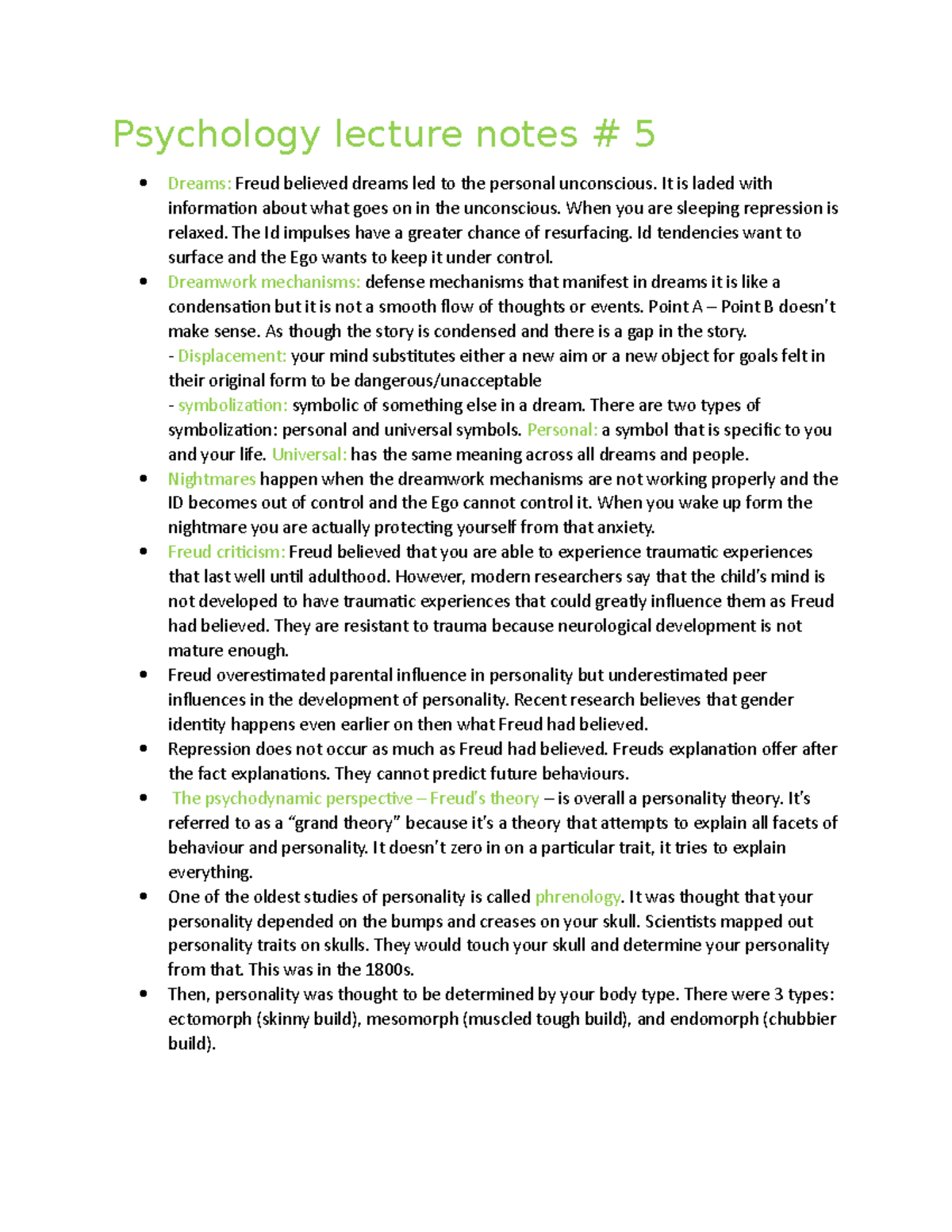 Psychology lecture notes # 5 - It is laded with information about what ...