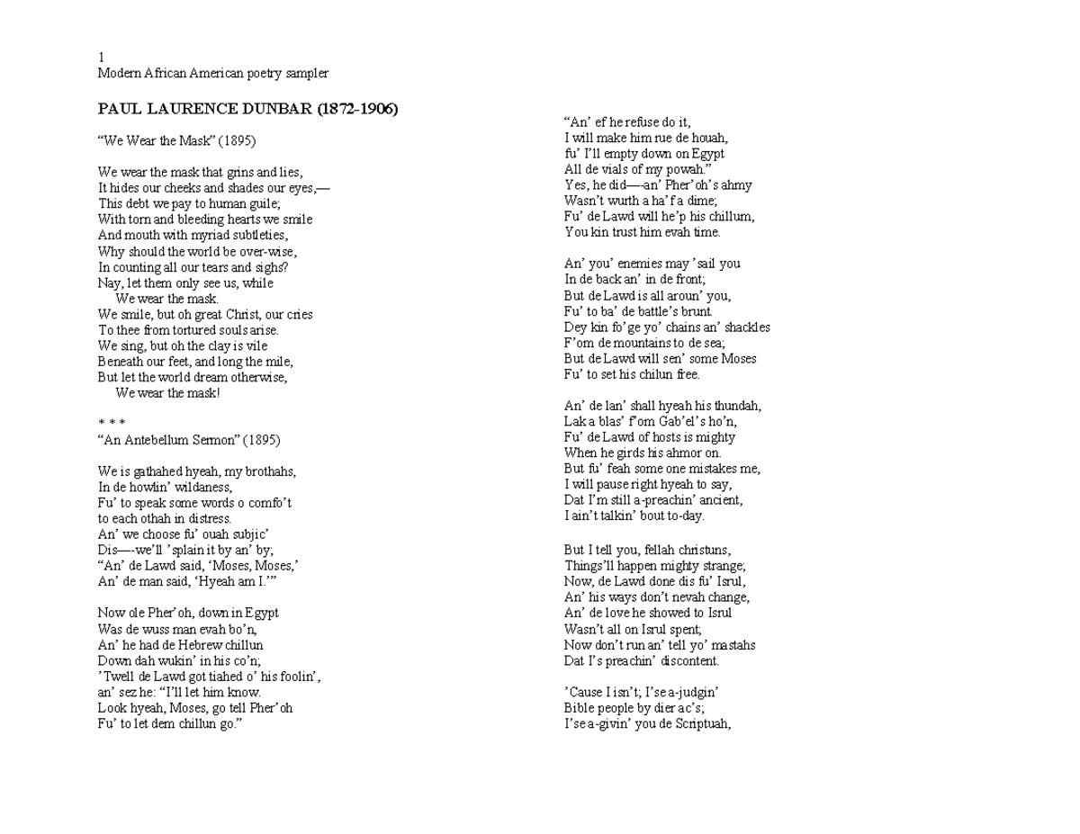 African American poetry handout - Modern African American poetry ...