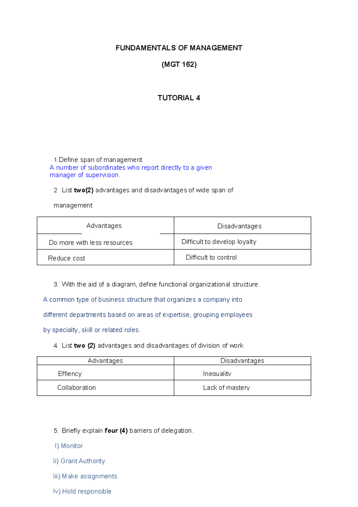 Tutorial 4 (answer) - FUNDAMENTALS OF MANAGEMENT (MGT 162) TUTORIAL 4 1 ...
