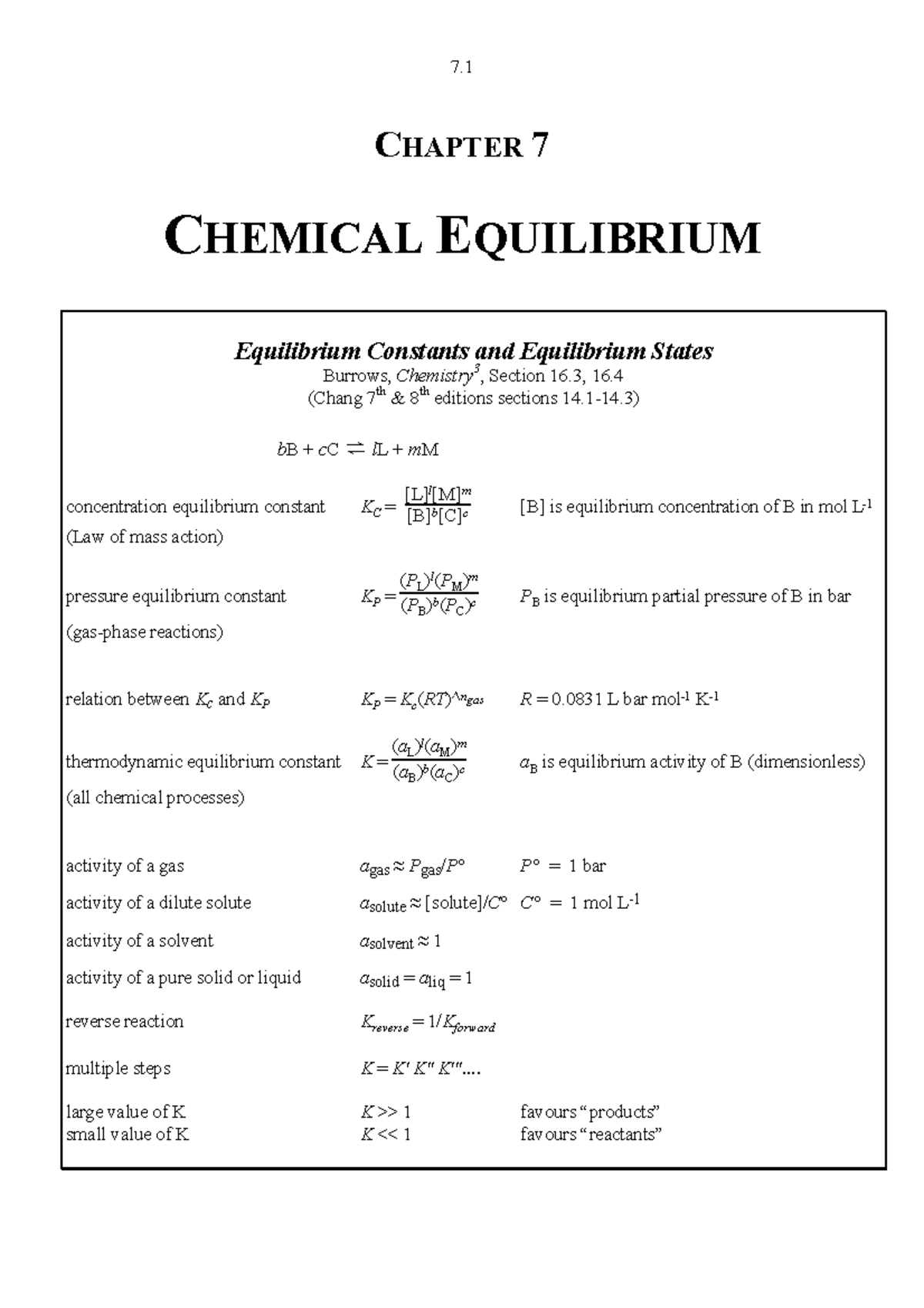 Chapter 07 Chem Equilib - CHAPTER 7 CHEMICAL EQUILIBRIUM Equilibrium ...