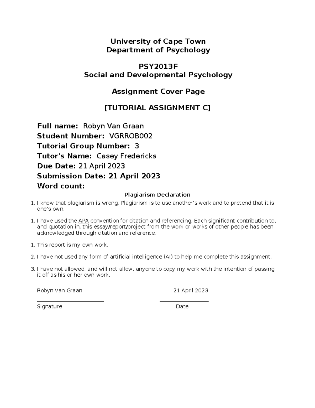 PSY2013 F- TUT Assignment C- Vgrrob 002 - University of Cape Town ...