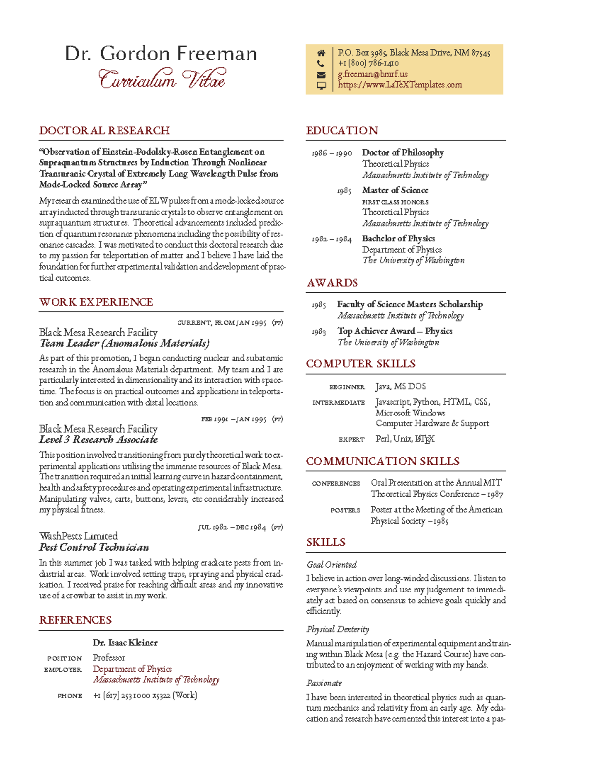 Action download template template freeman cv overleaf - Dr. Gordon Freeman Curriculum Vitae ...