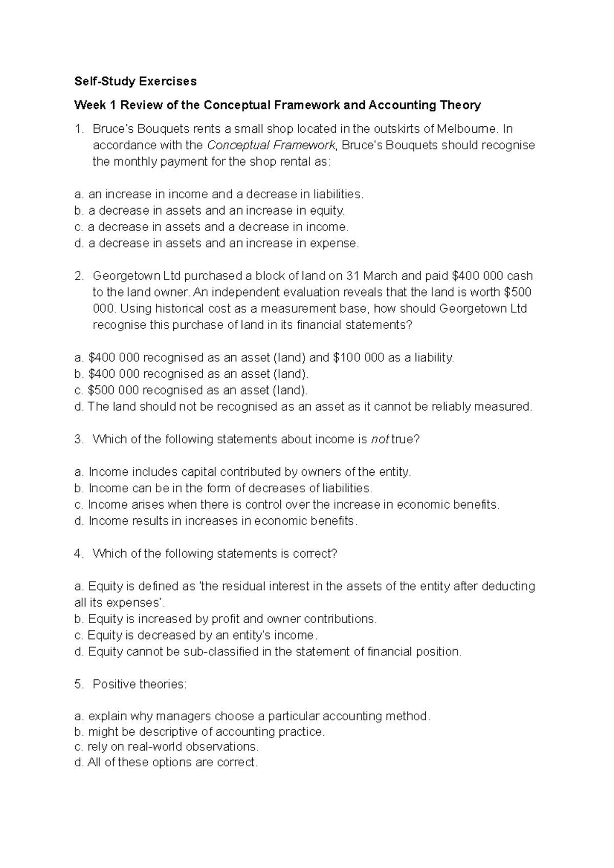 Week 1 Self-Study Exercises - Self-Study Exercises Week 1 Review of the ...