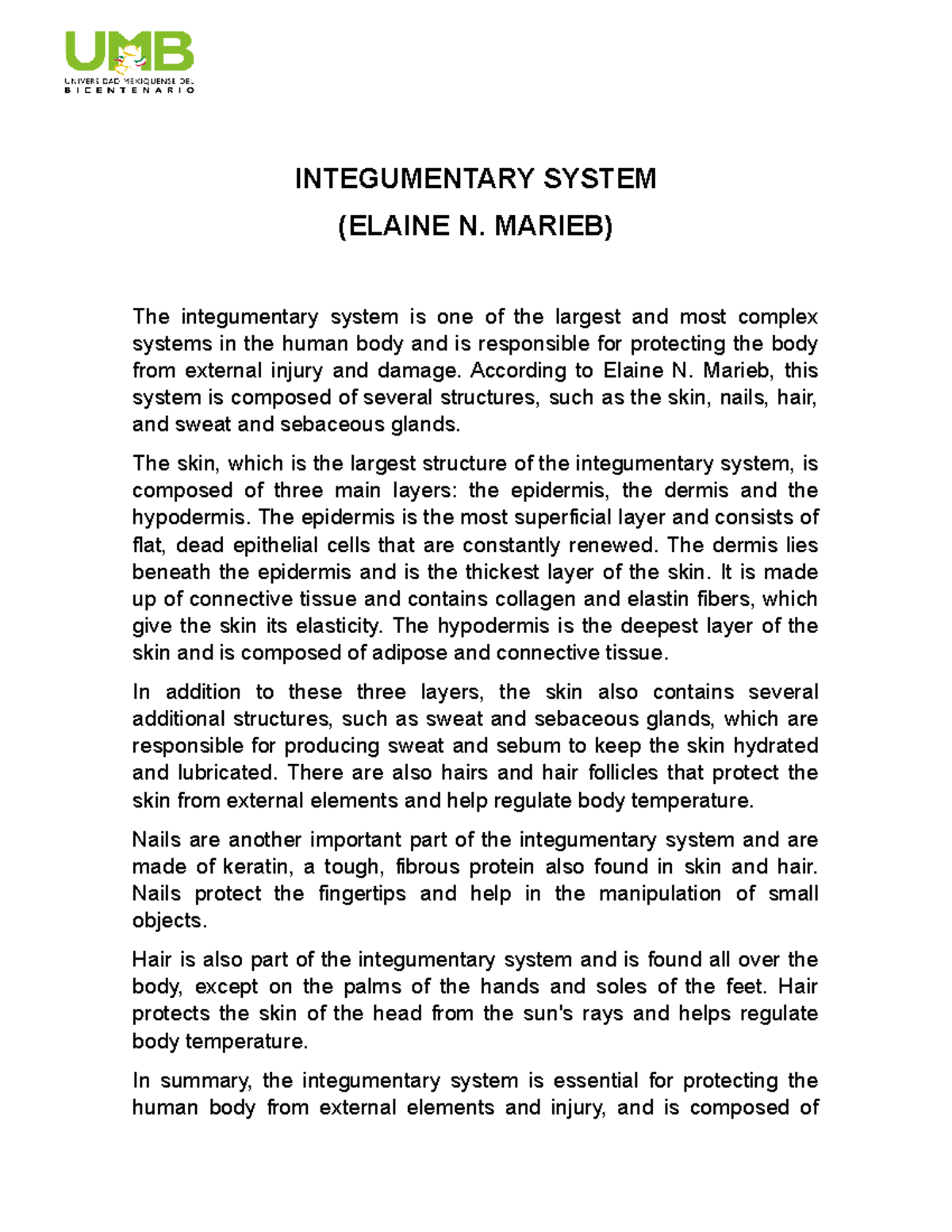 Integumentary System according to Elaine N. Marieb - INTEGUMENTARY ...