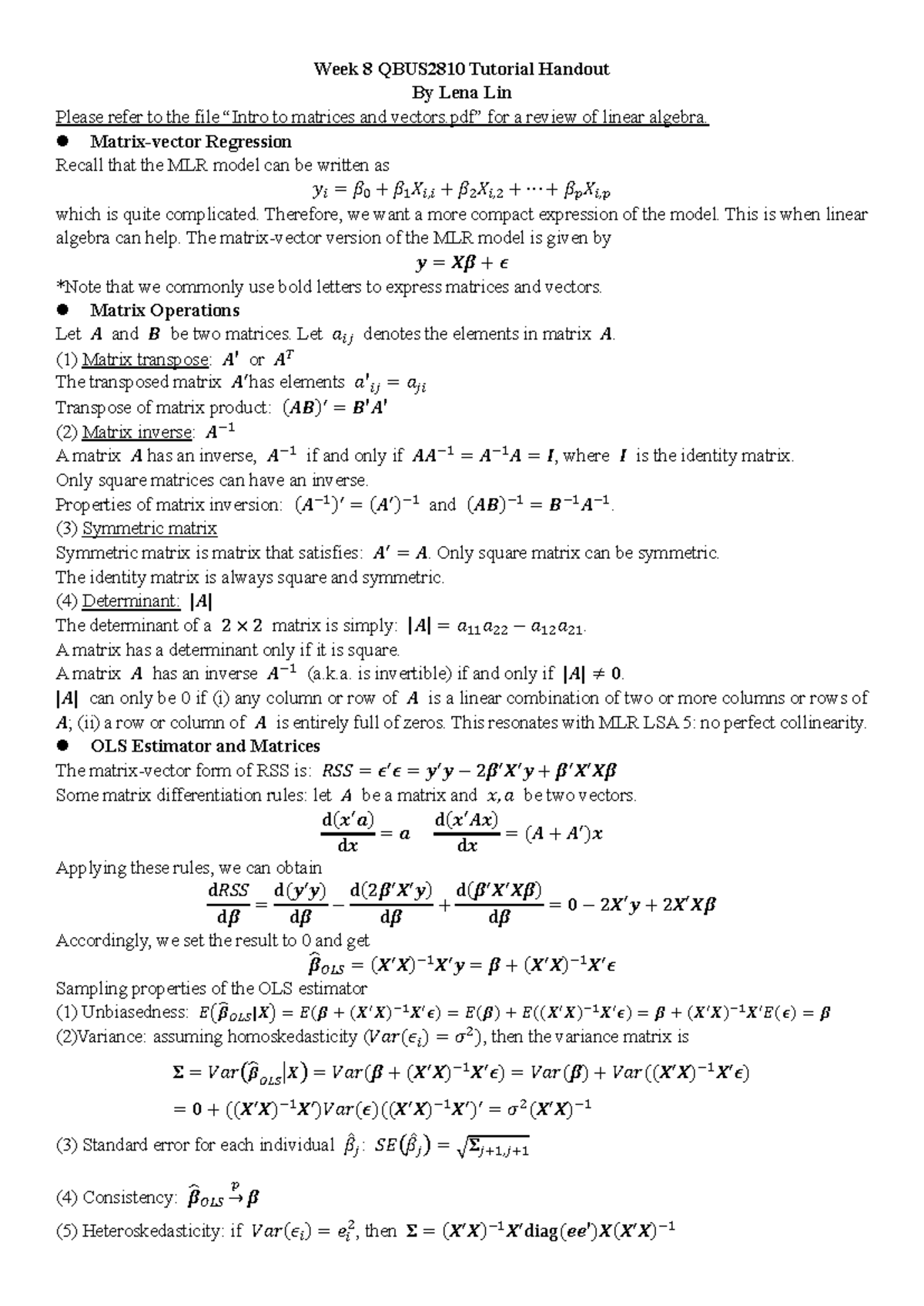 Week 8 QBUS2810 Tutorial Handout - Week 8 QBUS2810 Tutorial Handout By Lena Lin Please refer to ...