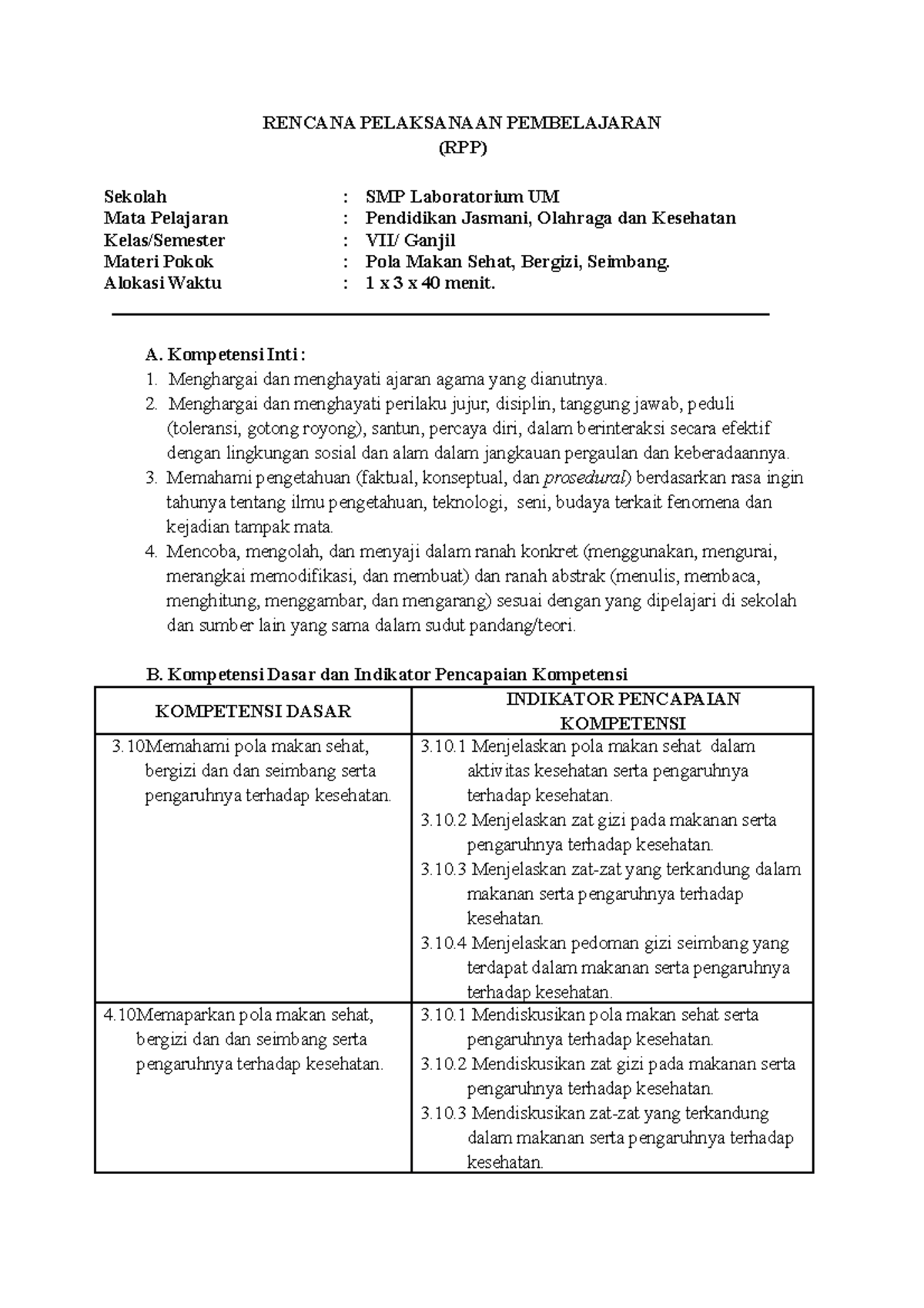 416619927 RPP Pola Makan Sehat Dan Zat Gizi Makanan - RENCANA ...