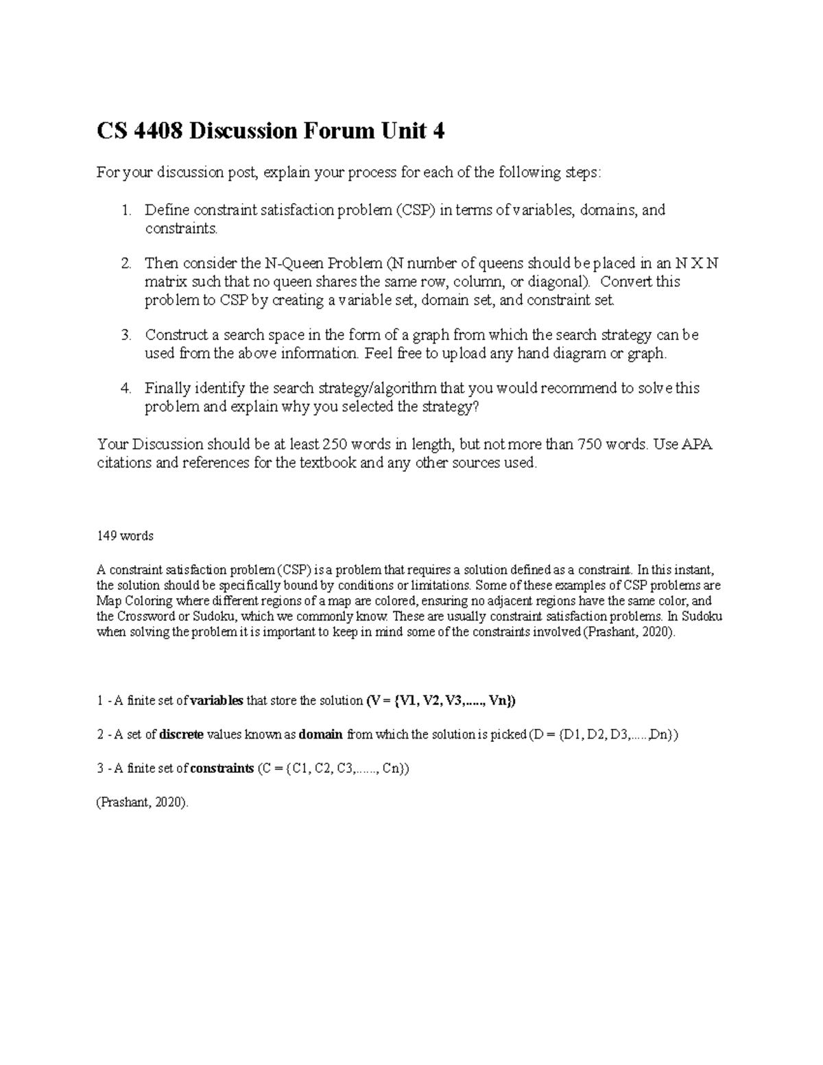 CS 4408 Discussion Forum Unit 4 - Define constraint satisfaction problem (CSP) in terms of - Studocu