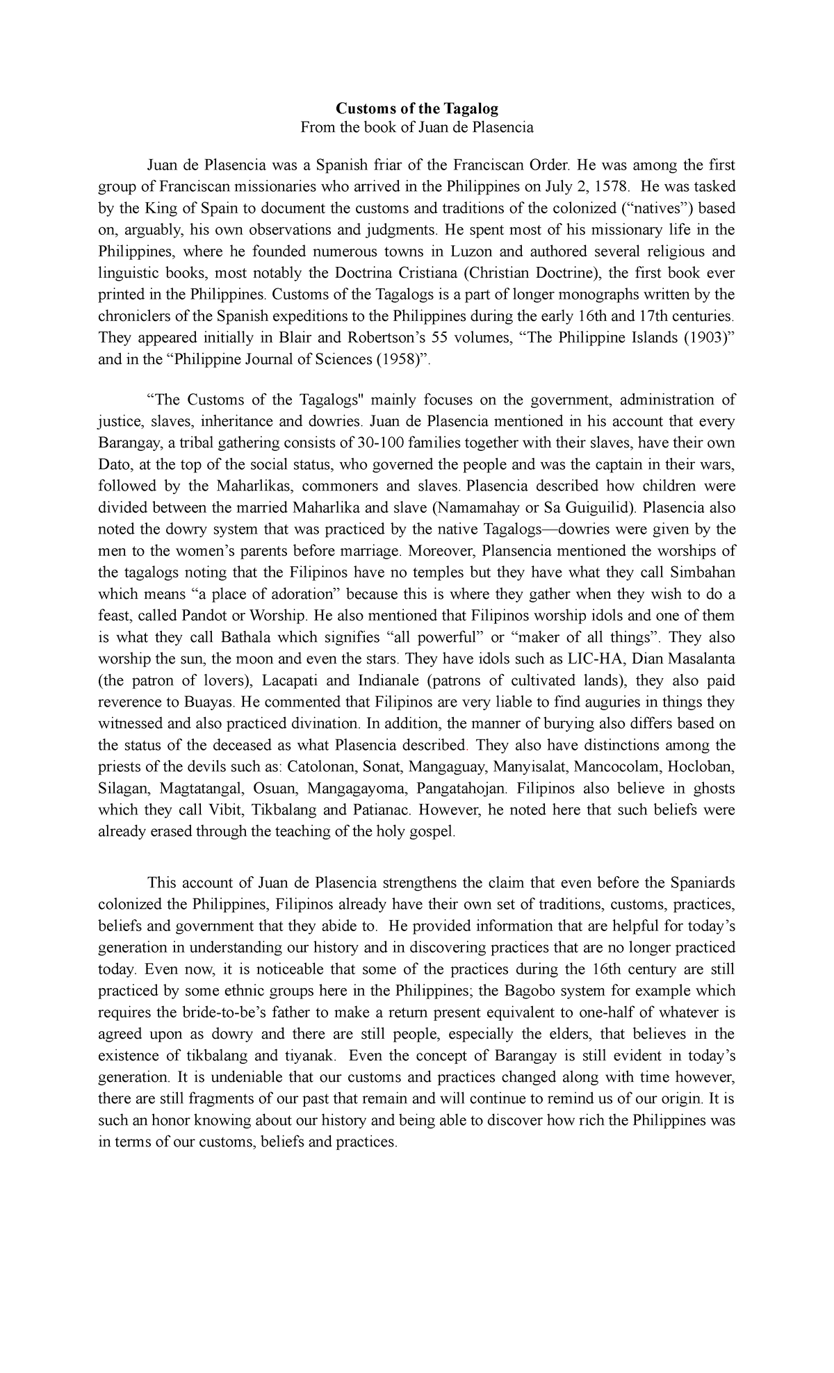 Customs Of The Tagalog Reflection Paper Customs Of The Tagalog From