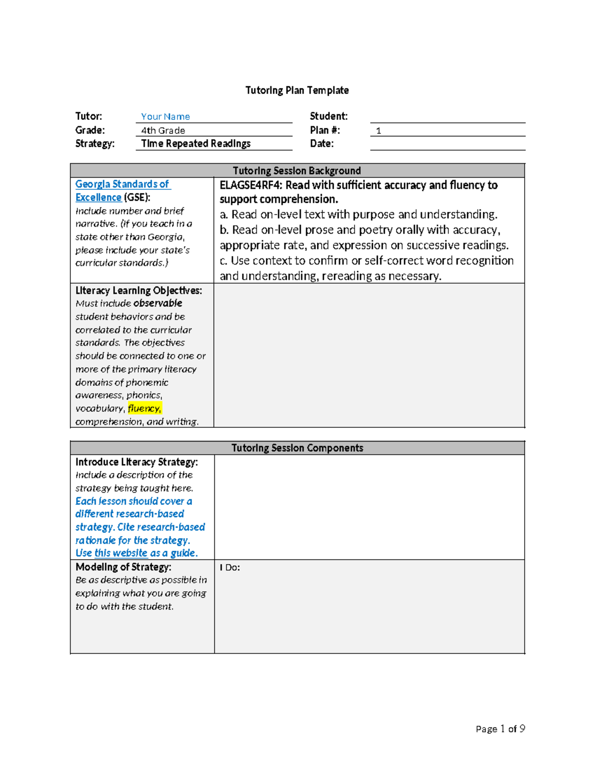 Individual Tutoring Lesson Plan Template - Tutoring Plan Template Tutor ...