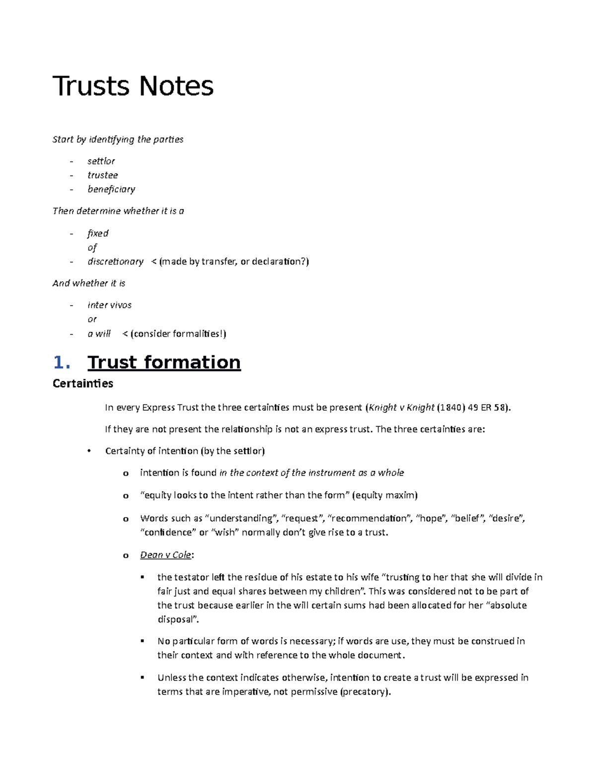 Trusts-Notes - Summary Equity and Trusts - Trusts Notes Start by ...