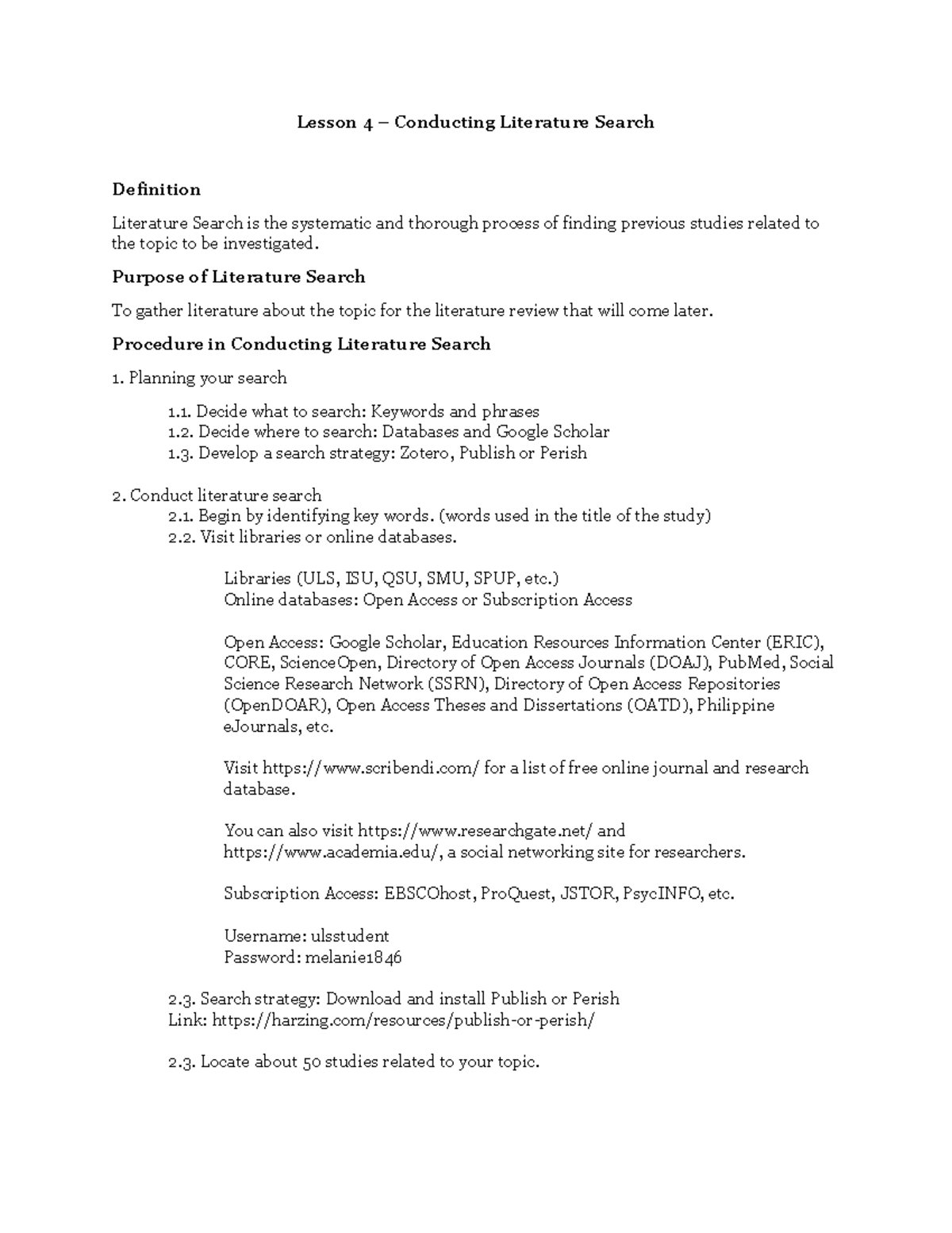 Lesson 4 Conducting Literature Search - Lesson 4 – Conducting ...