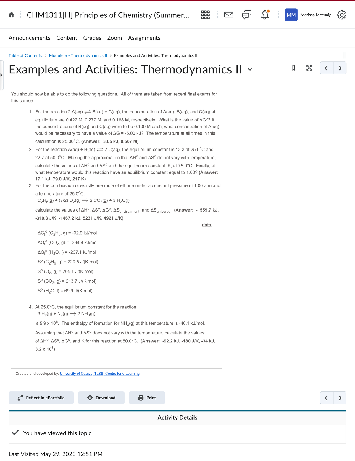Examples and Activities Thermodynamics II - CHM1311[H] Principles of ...